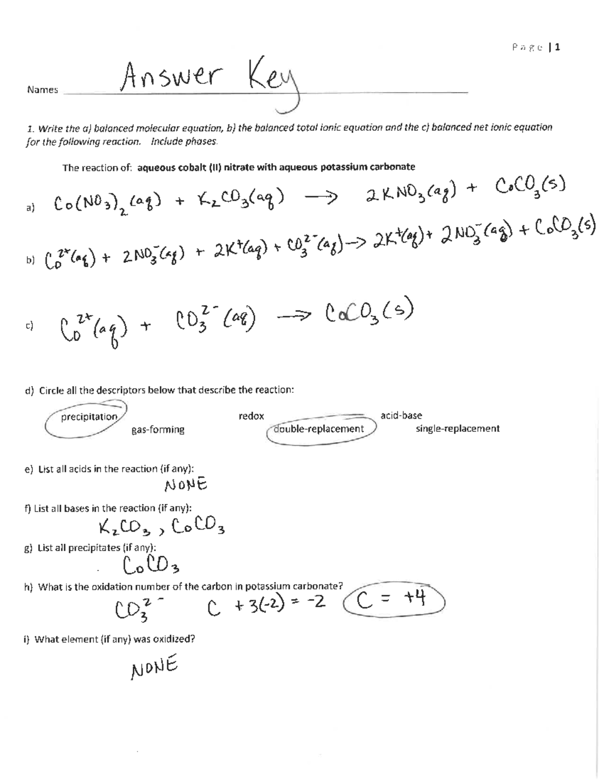 Reactions worksheet answers - CHEM 1212 - Studocu