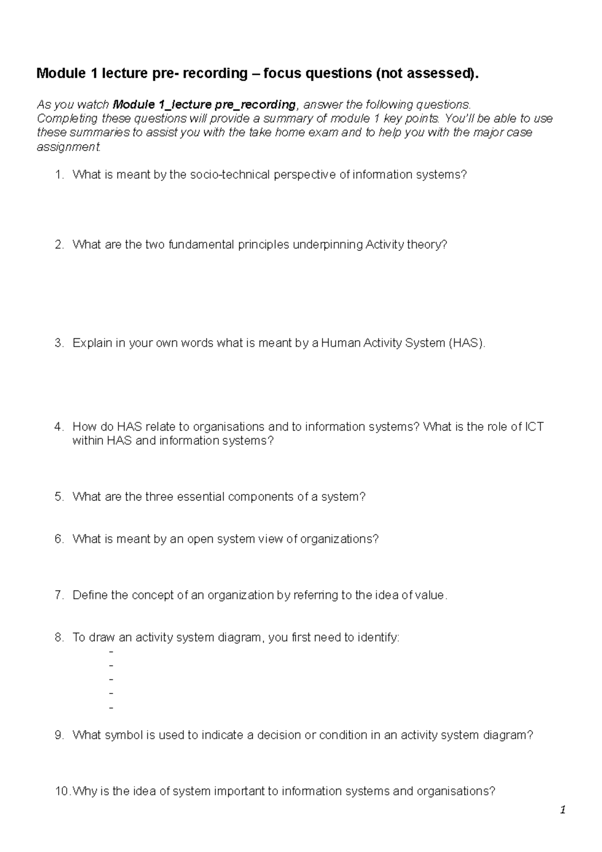 Focus questions for Module 1 lecture pre recording - Module 1 lecture pre- recording – focus ...