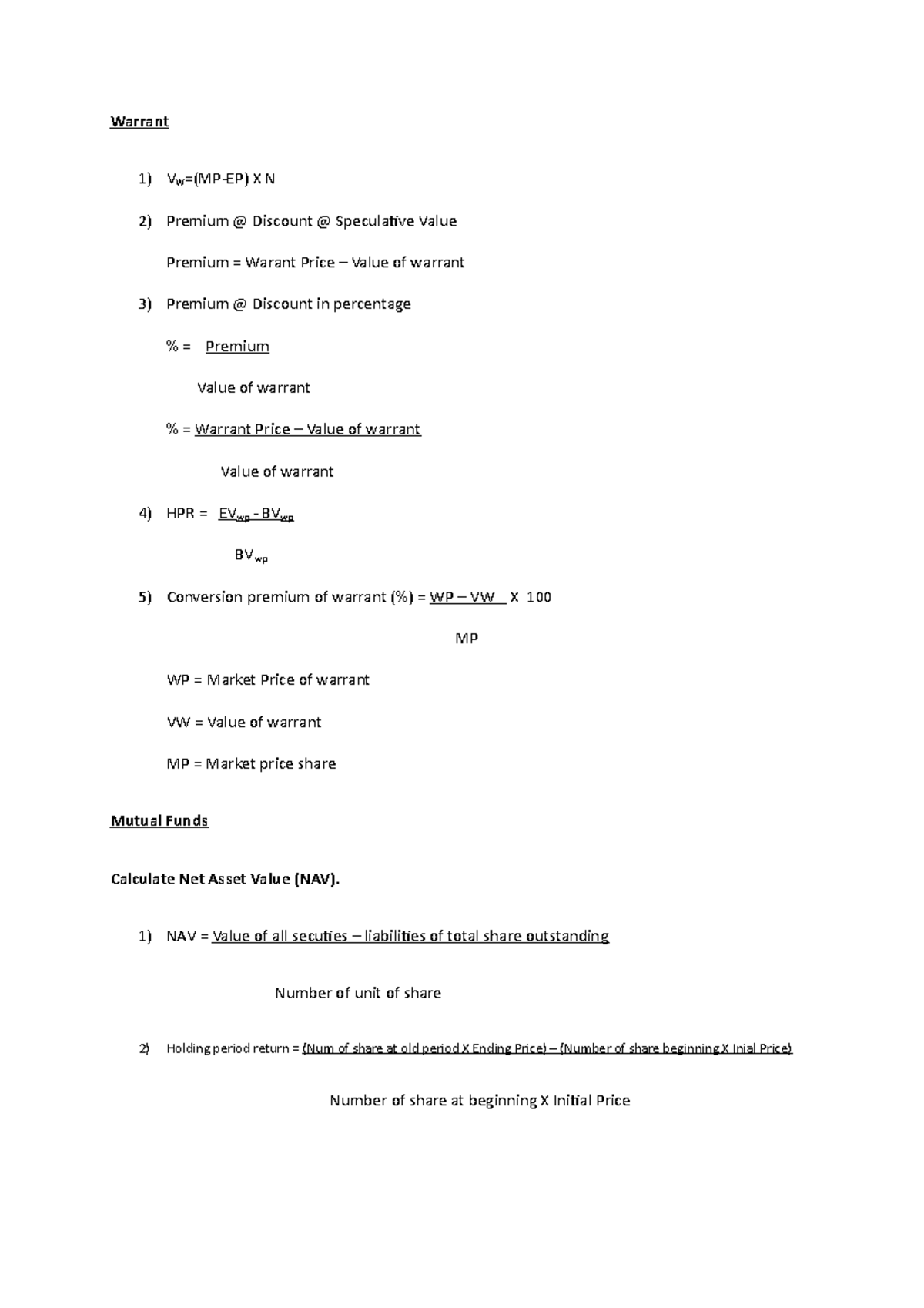 Warrant and Mutual Funds - Warrant VW=(MP-EP) X N Premium @ Discount ...