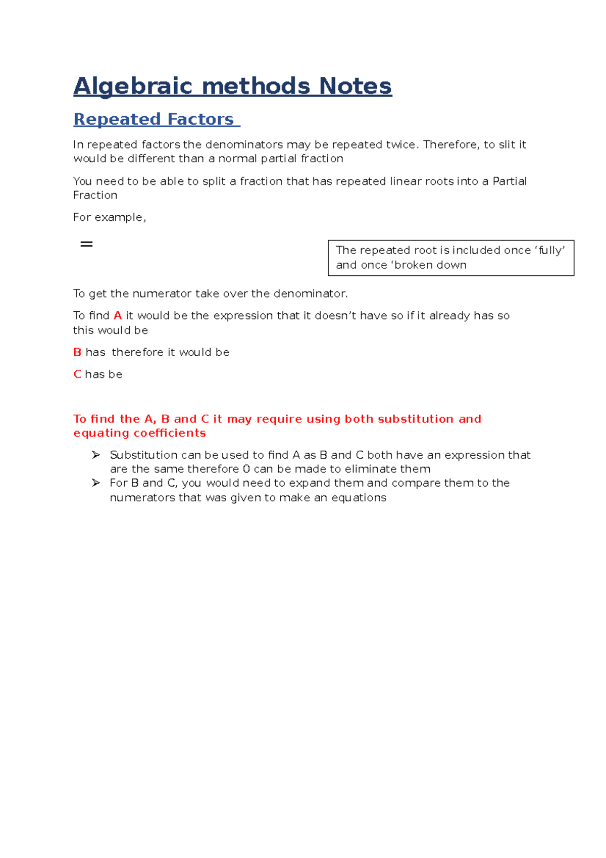 A level maths pure notes - Algebraic methods Notes Repeated Factors In ...