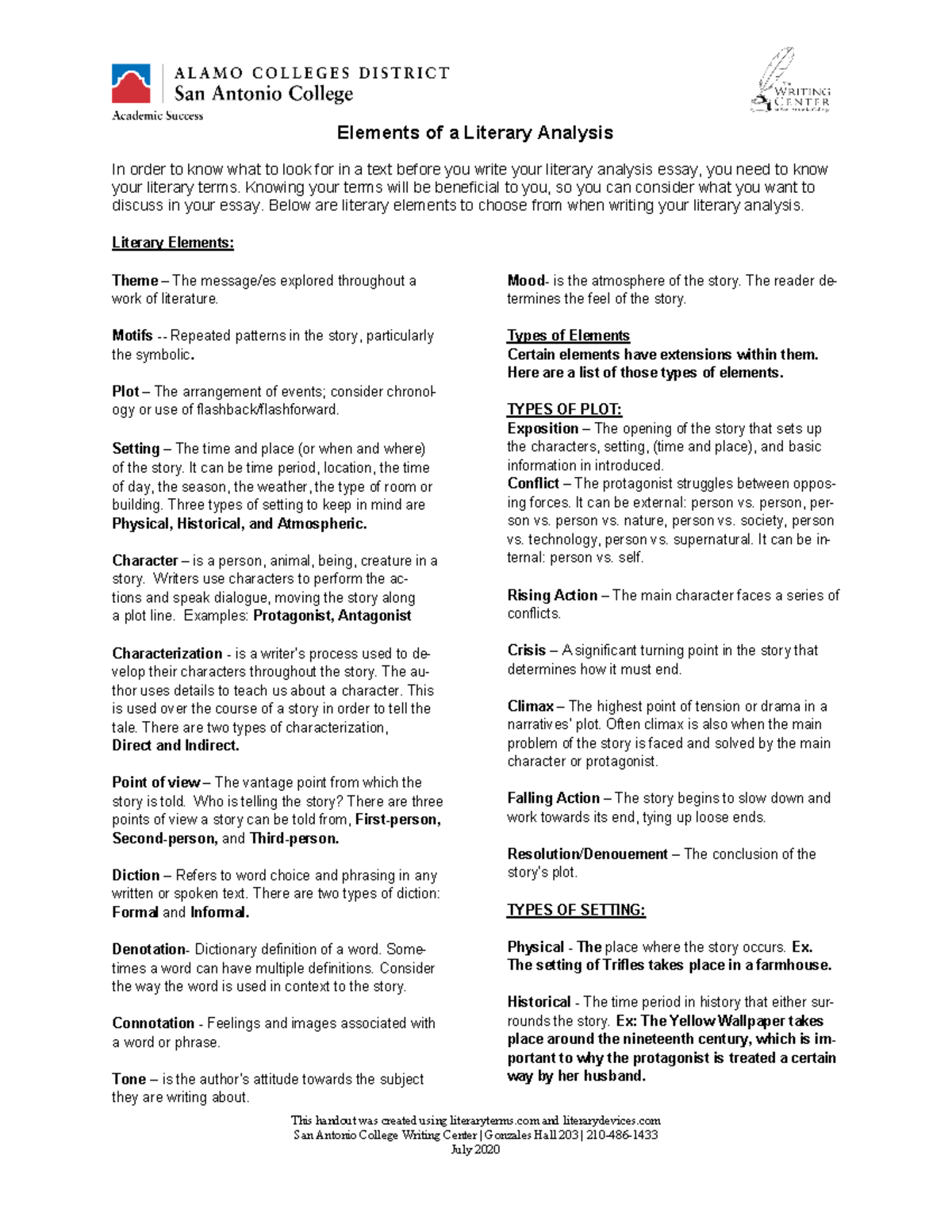 Elements of a literary analysis - This handout was created using ...