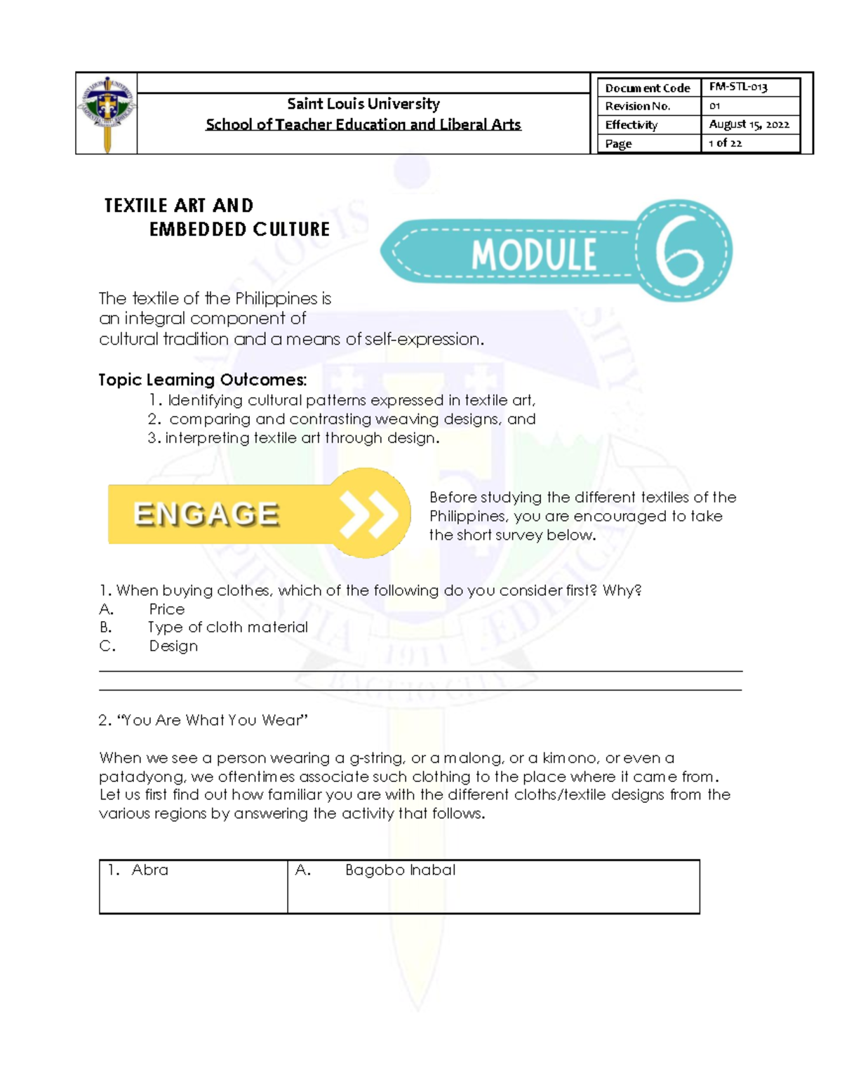 Module-6 - arts appreciation module - Revision No. 01 Effectivity August 15, 2022 Page 1 of 22 ...