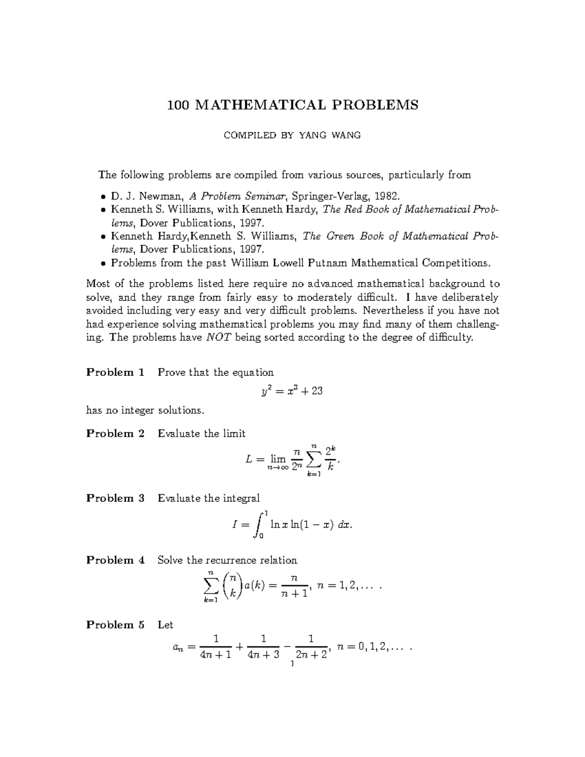 Putnam first 100-2 - Questions. - 100 MATHEMATICAL PROBLEMS COMPILED BY ...
