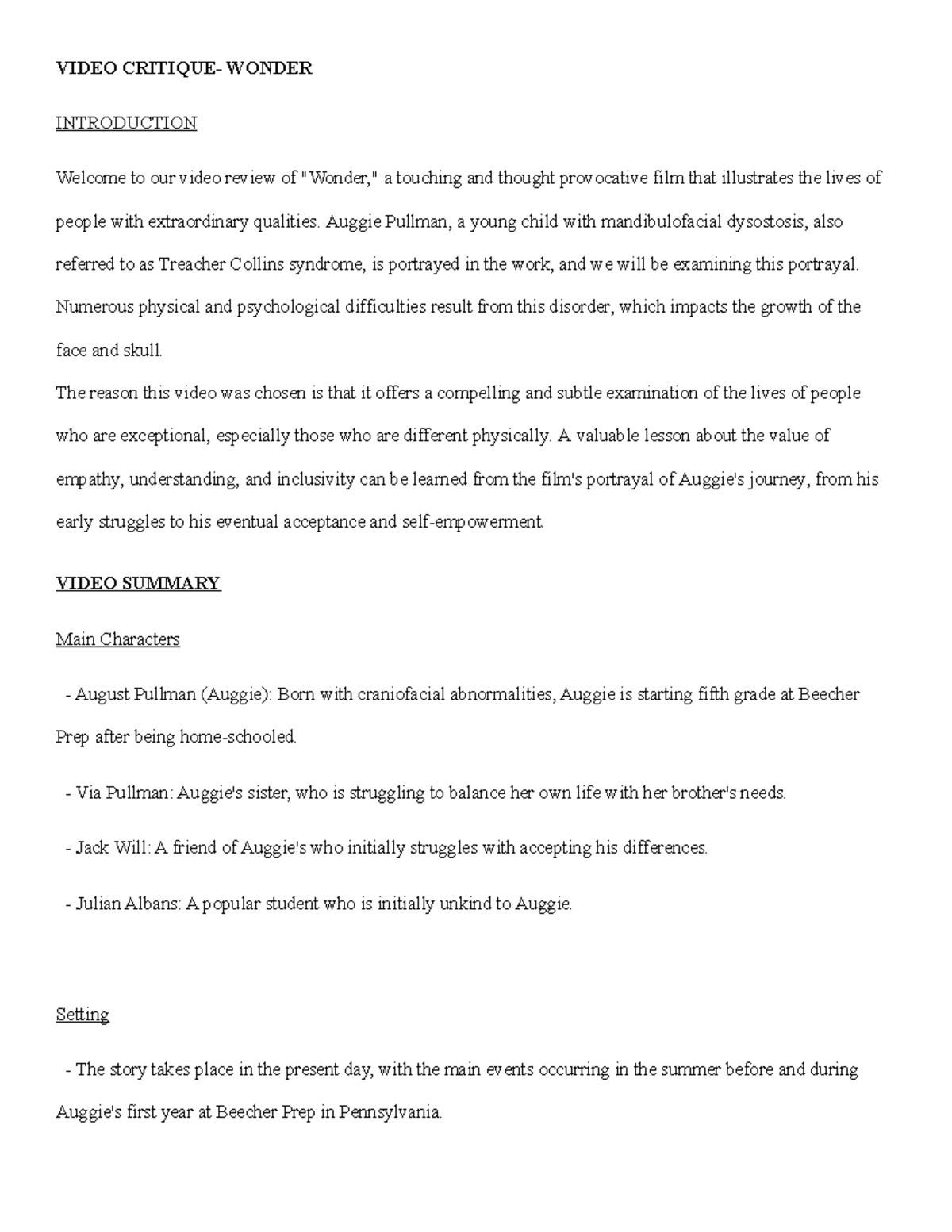 Video Critique- Wonder ( Final PLAN) - VIDEO CRITIQUE- WONDER ...