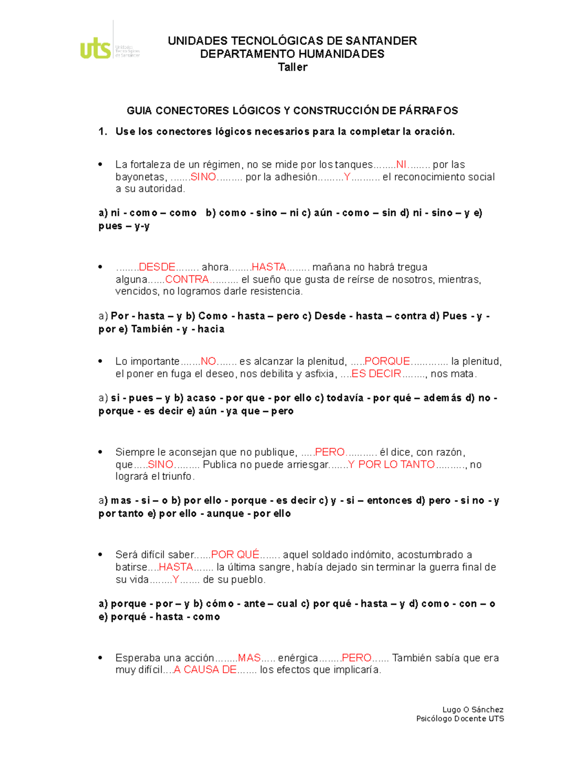 GUIA Conectores Lógicos Y Construcción DE Párrafos - DEPARTAMENTO ...