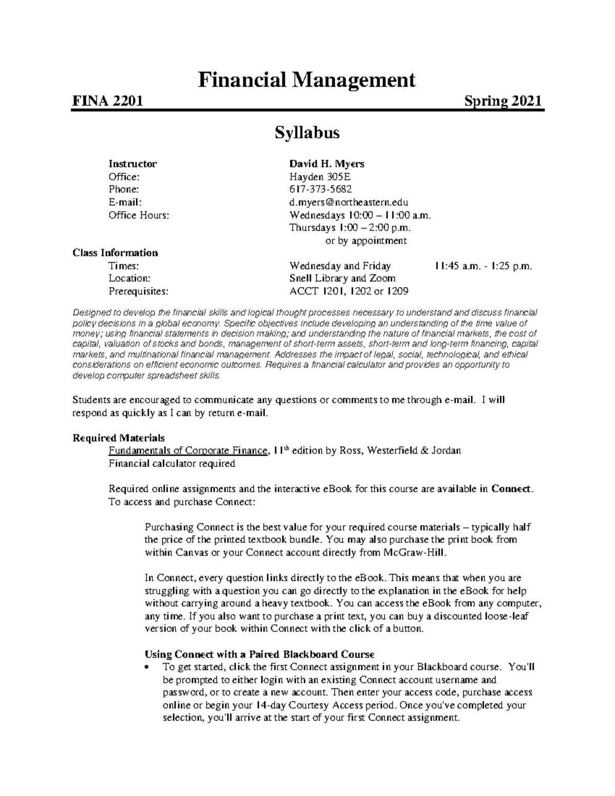 Financial Management Syllabus - Financial Management FINA 2201 Spring ...