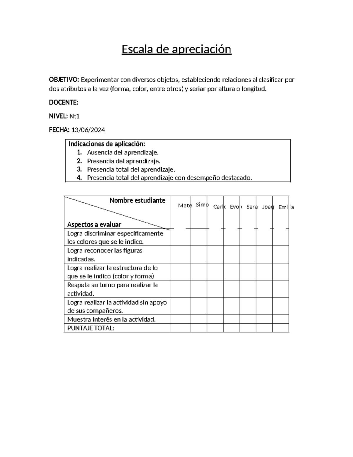 Escala de apreciación - Escala de apreciación OBJETIVO: Experimentar ...