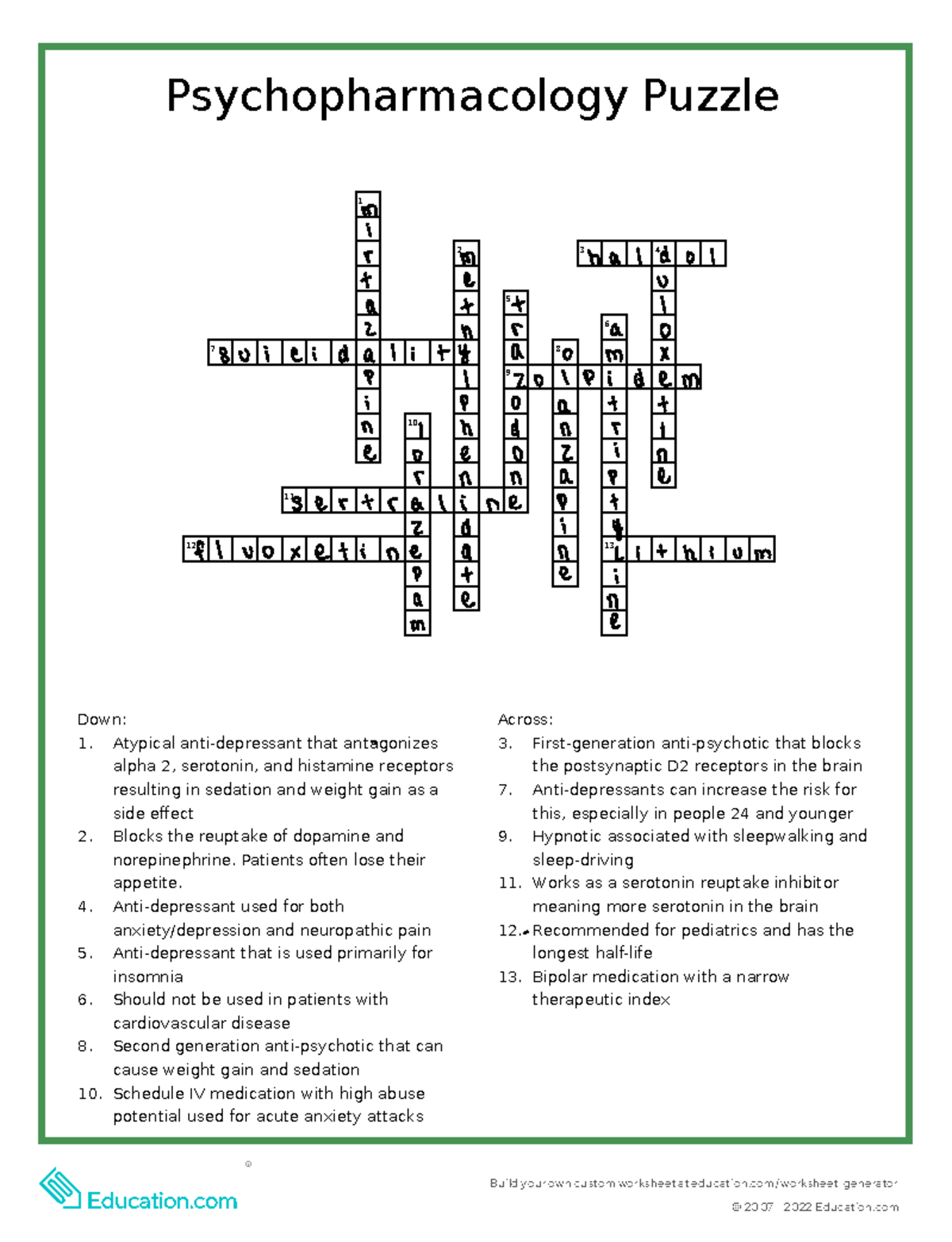 Psychopharmacology Crossword Puzzle - Build your own custom worksheet ...