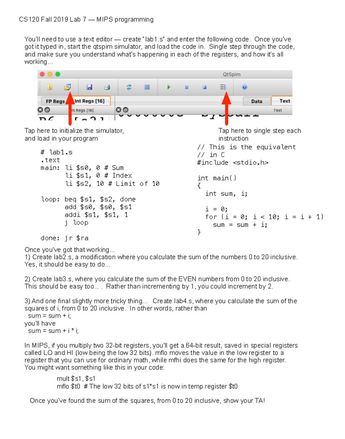 Lab7 - Lab_7_for_Fall_2019 - CS120 Fall 2019 Lab 7 — MIPS programming ...