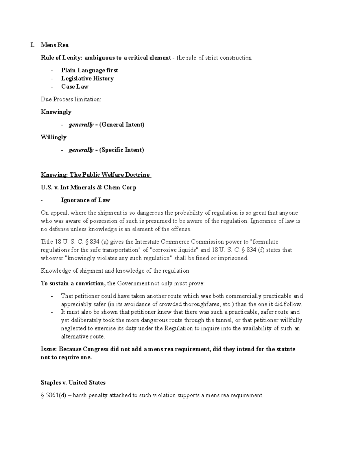 White Collar Crime - Outline - I. Mens Rea Rule of Lenity: ambiguous to ...