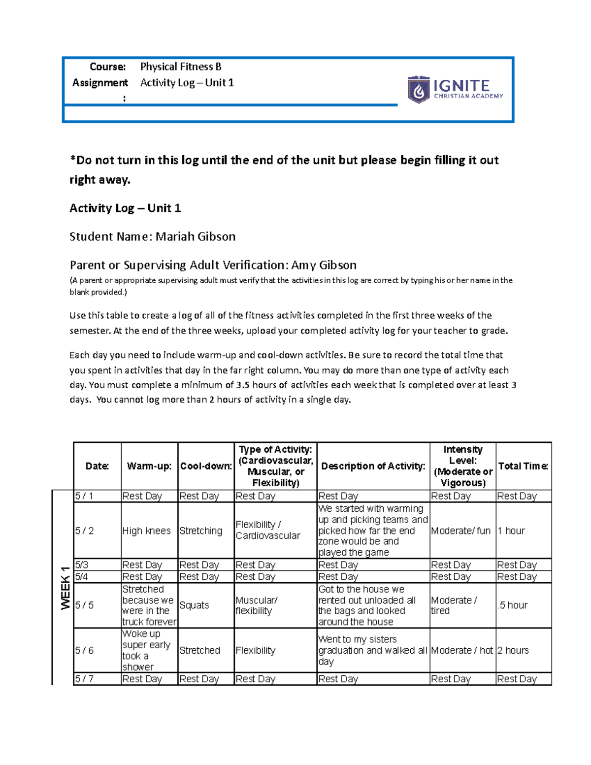G PE-B-log-1 - PE class - Course: Physical Fitness B Assignment ...