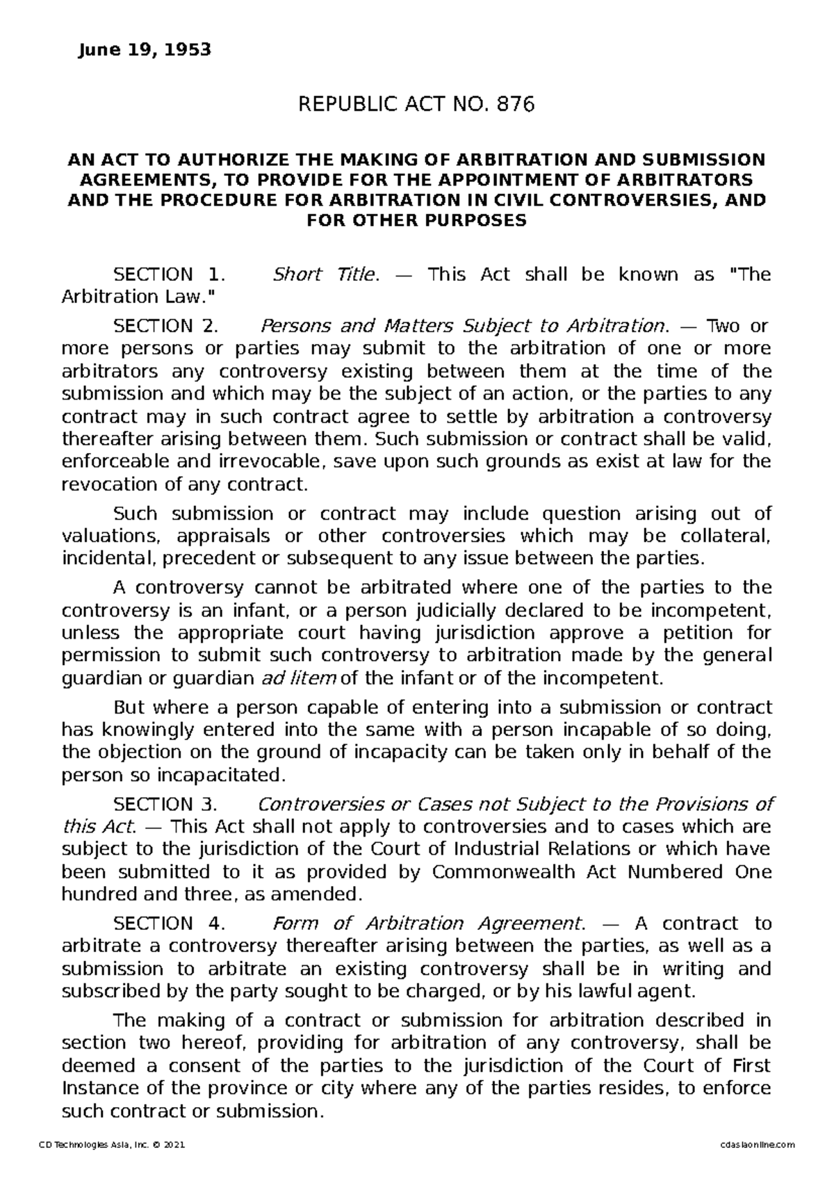 876 Law Republic Act 876 June 19 1953 REPUBLIC ACT NO 876 AN ACT