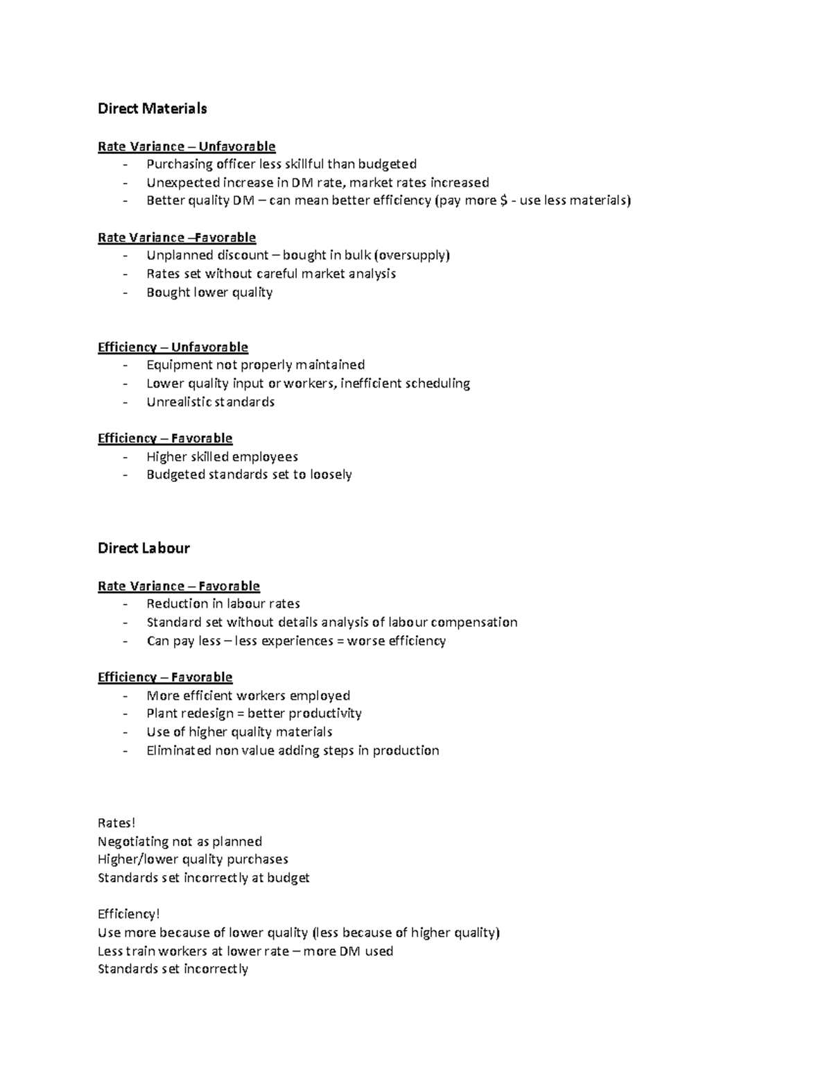 Cost - ALL Notes - Direct Materials Rate Variance – Unfavorable ...