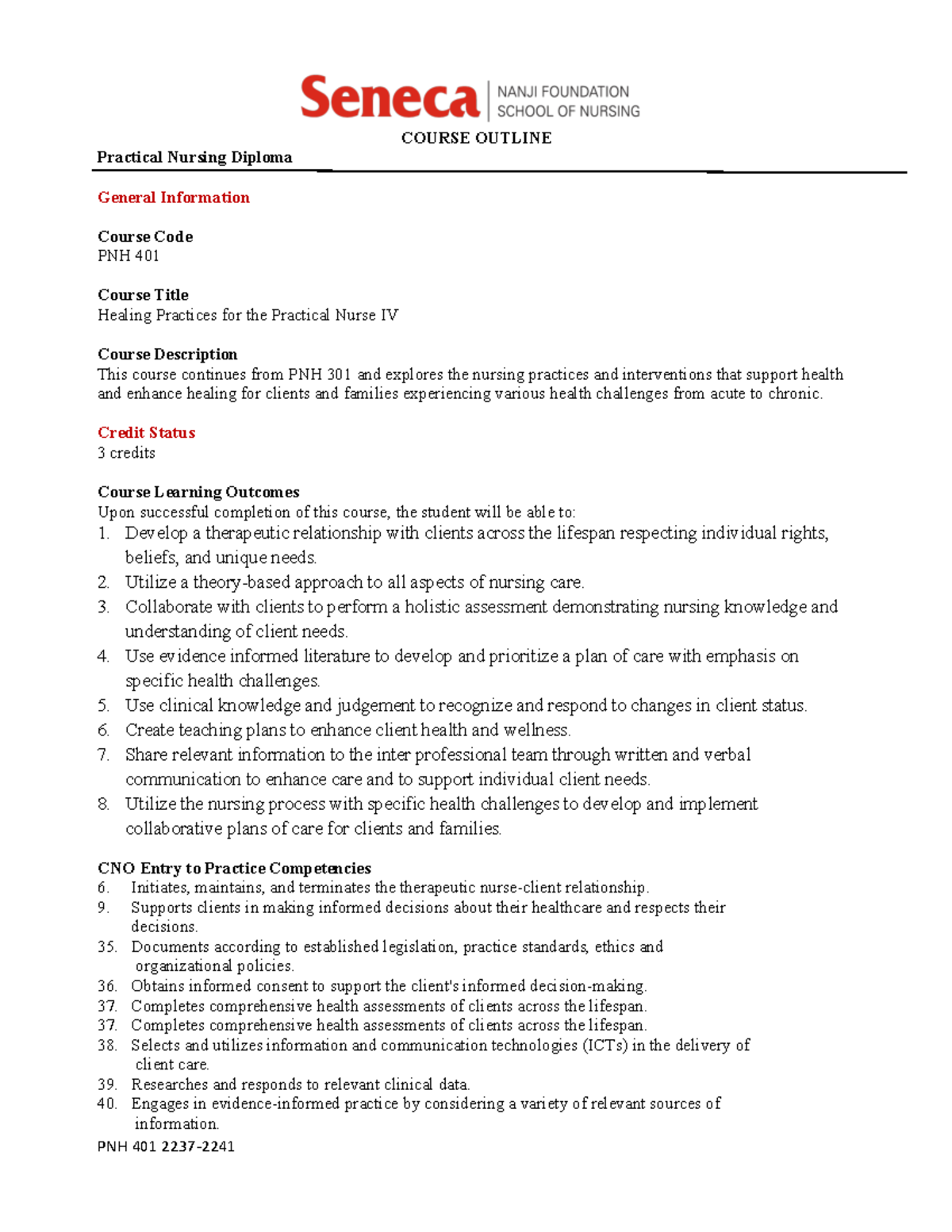PNH 401 Outline & Addendum 2023-2024 - COURSE OUTLINE Practical Nursing ...
