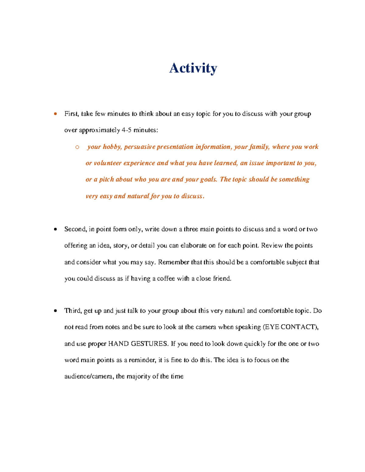 Activity for class discussion - Activity First, take few minutes to ...