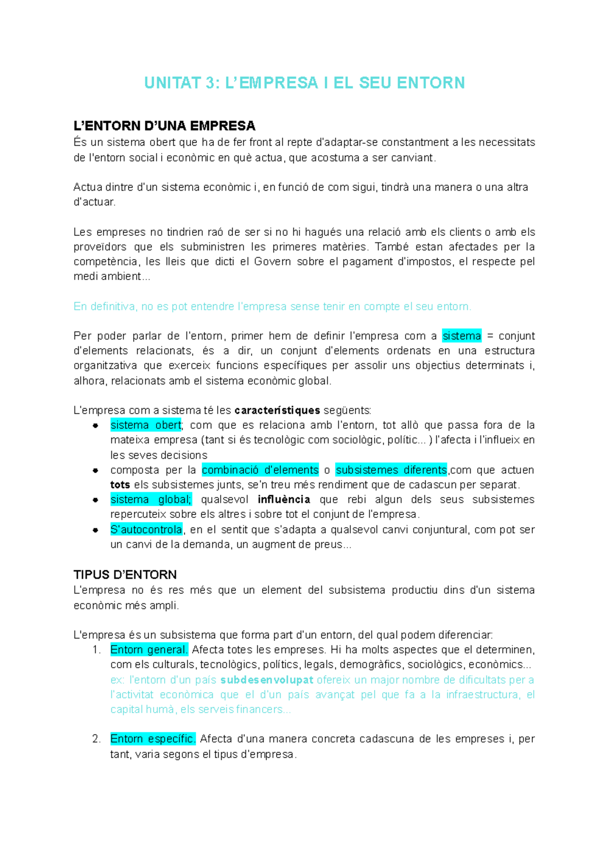 Unitat 3 - Son uns apunts - UNITAT 3: L’EMPRESA I EL SEU ENTORN L’ENTORN D’UNA EMPRESA És un ...