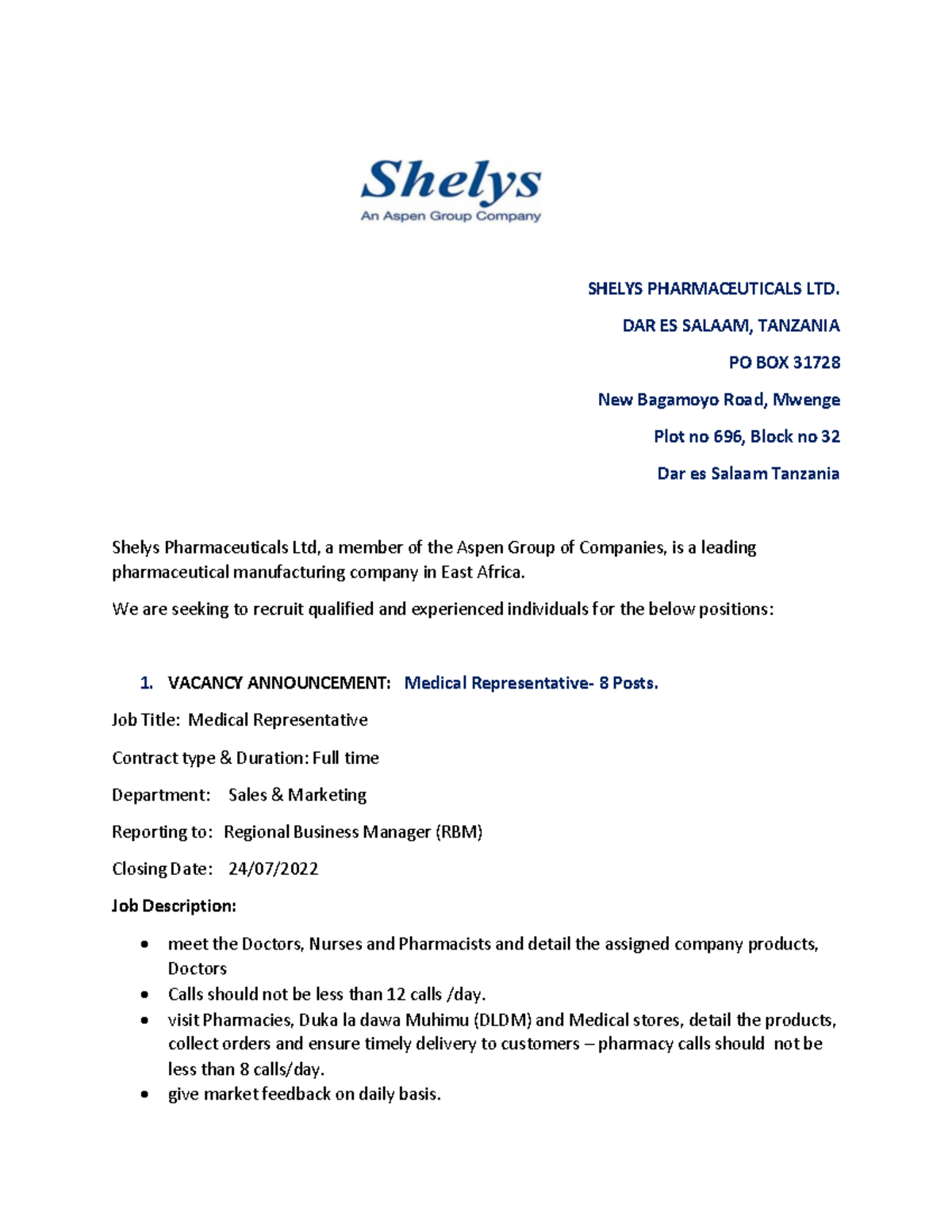 Shelys Pharmaceuticals Ltd Vacancies - SHELYS PHARMACEUTICALS LTD. DAR ES SALAAM, TANZANIA PO ...