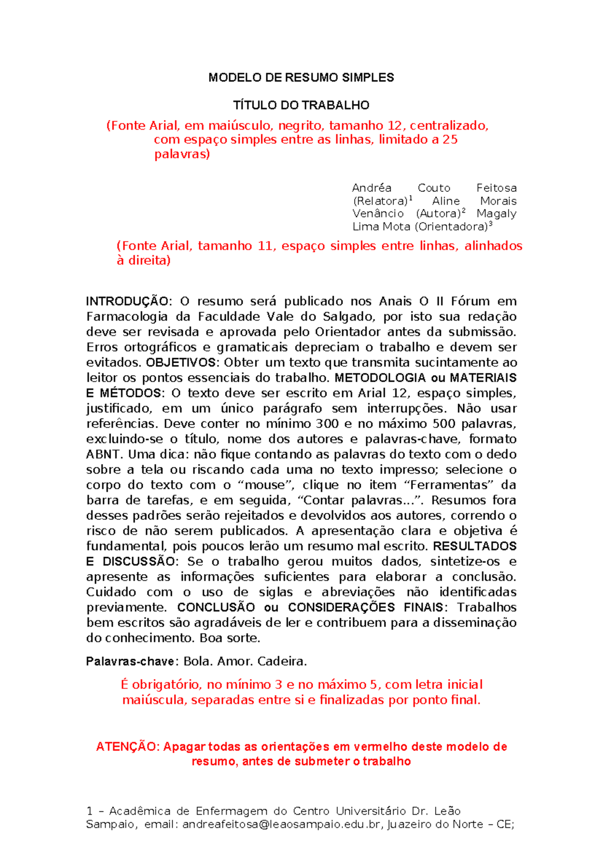 Modelo Resumo - MODELO DE RESUMO SIMPLES TÍTULO DO TRABALHO (Fonte ...