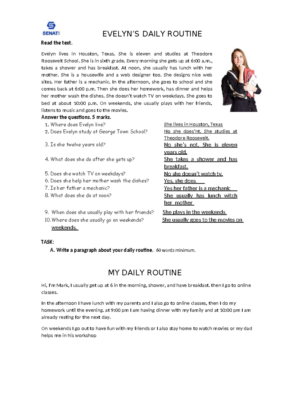 Actividad Entregable 2 Routines - EVELYN’S DAILY ROUTINE Read the text ...