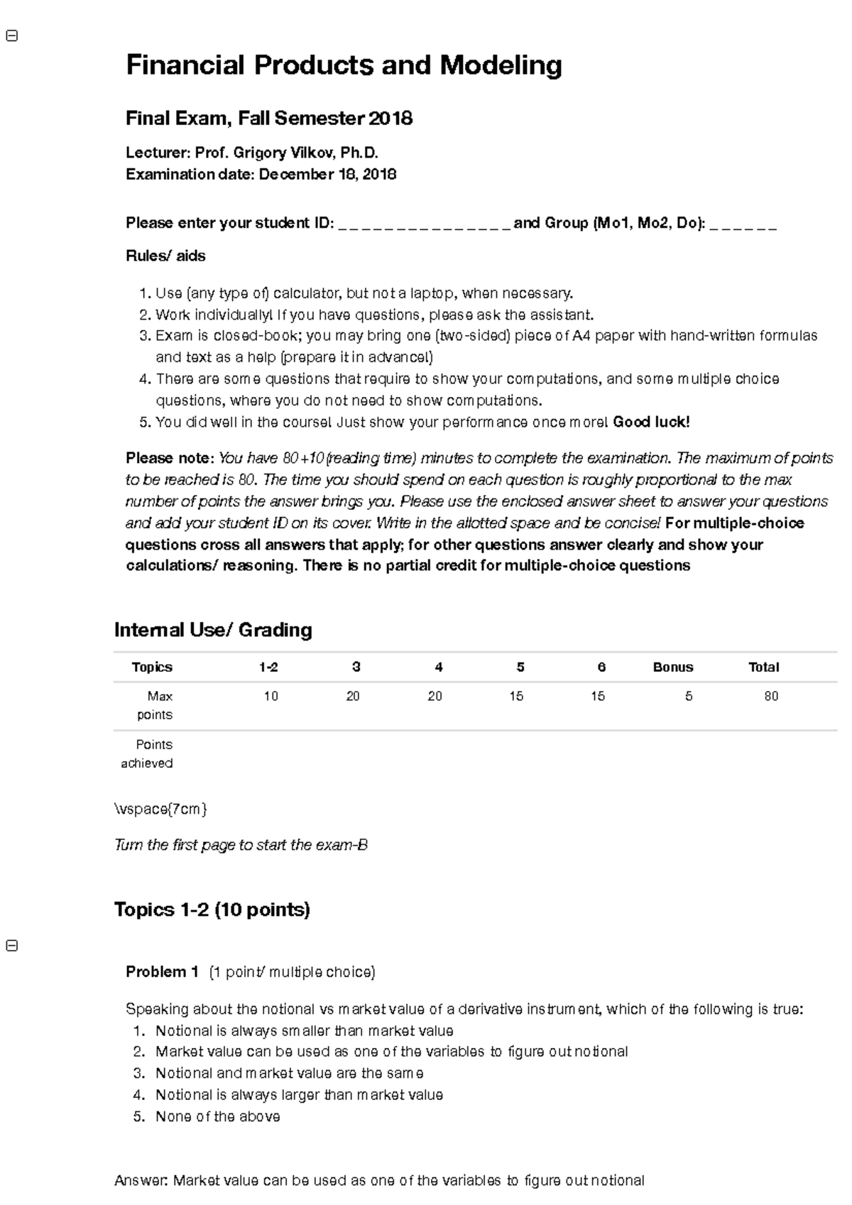 Final exam 2018 - exam - Financial Products and Modeling Final Exam ...