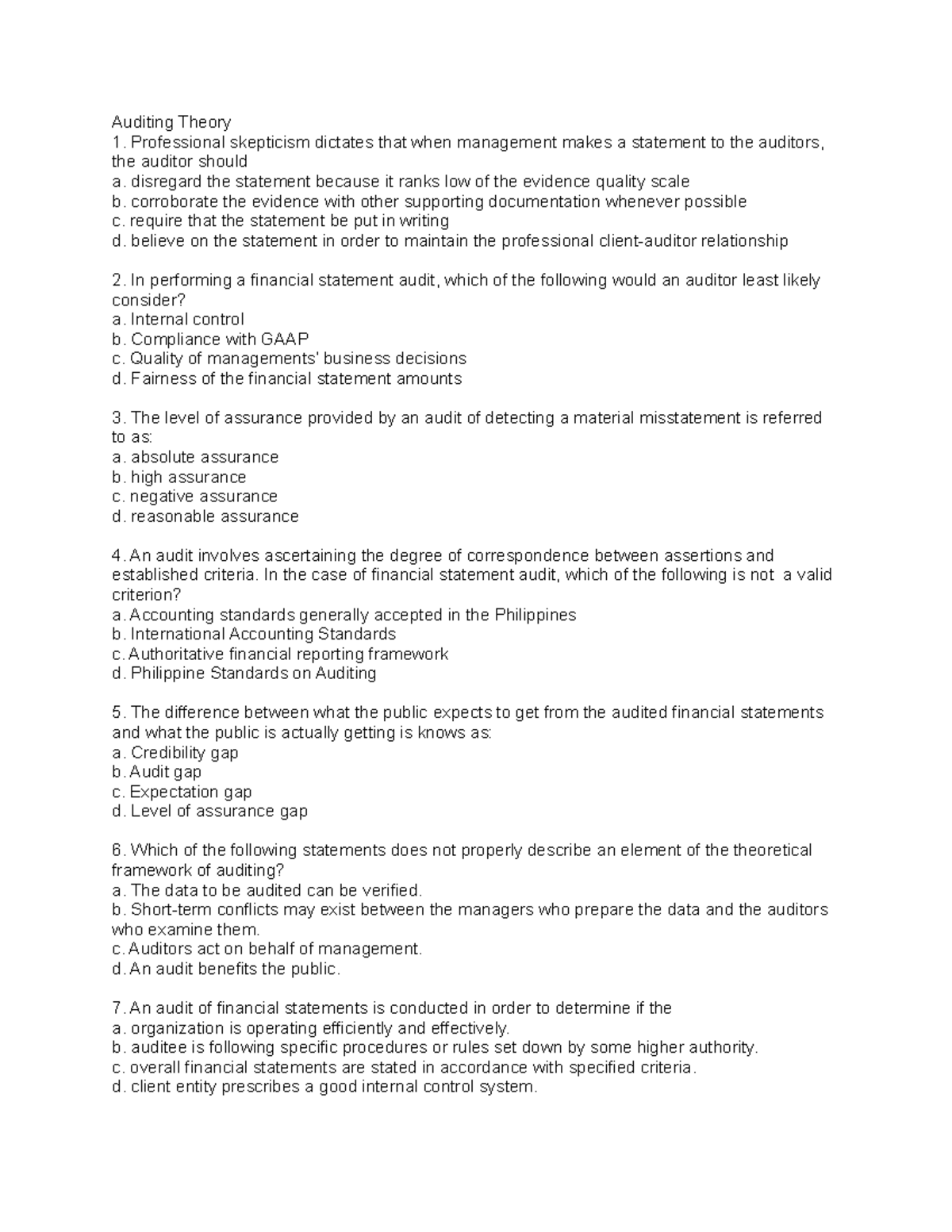 Auditing Theory 1 - Sample Questions - Auditing Theory Professional ...