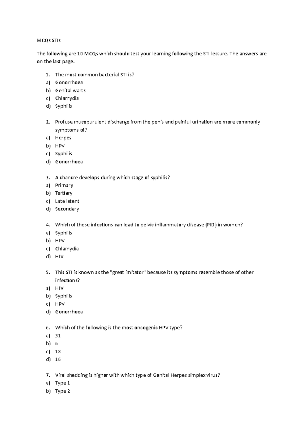 MCQs-STIs-2020 - sti - MCQs STIs The following are 10 MCQs which should ...