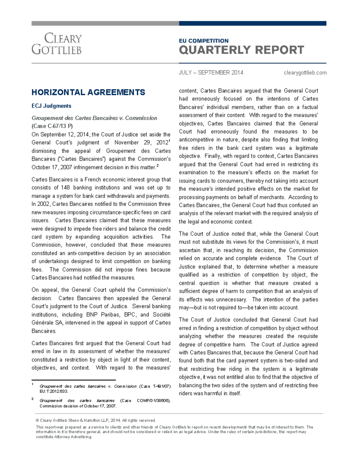 Horizontal Agreements - JULY – SEPTEMBER 2014 clearygottlieb © Cleary ...
