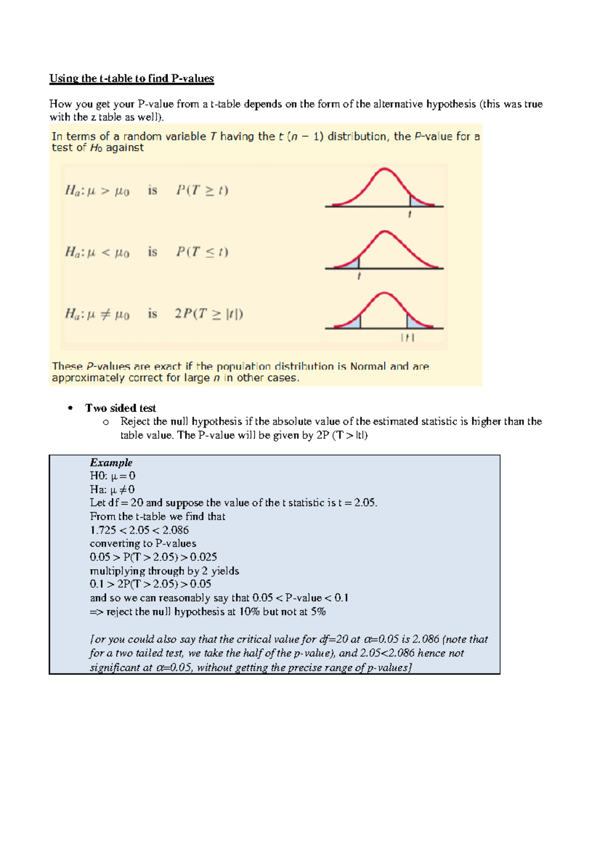 Using the t-table - • Two sided test o Reject the null hypothesis if ...