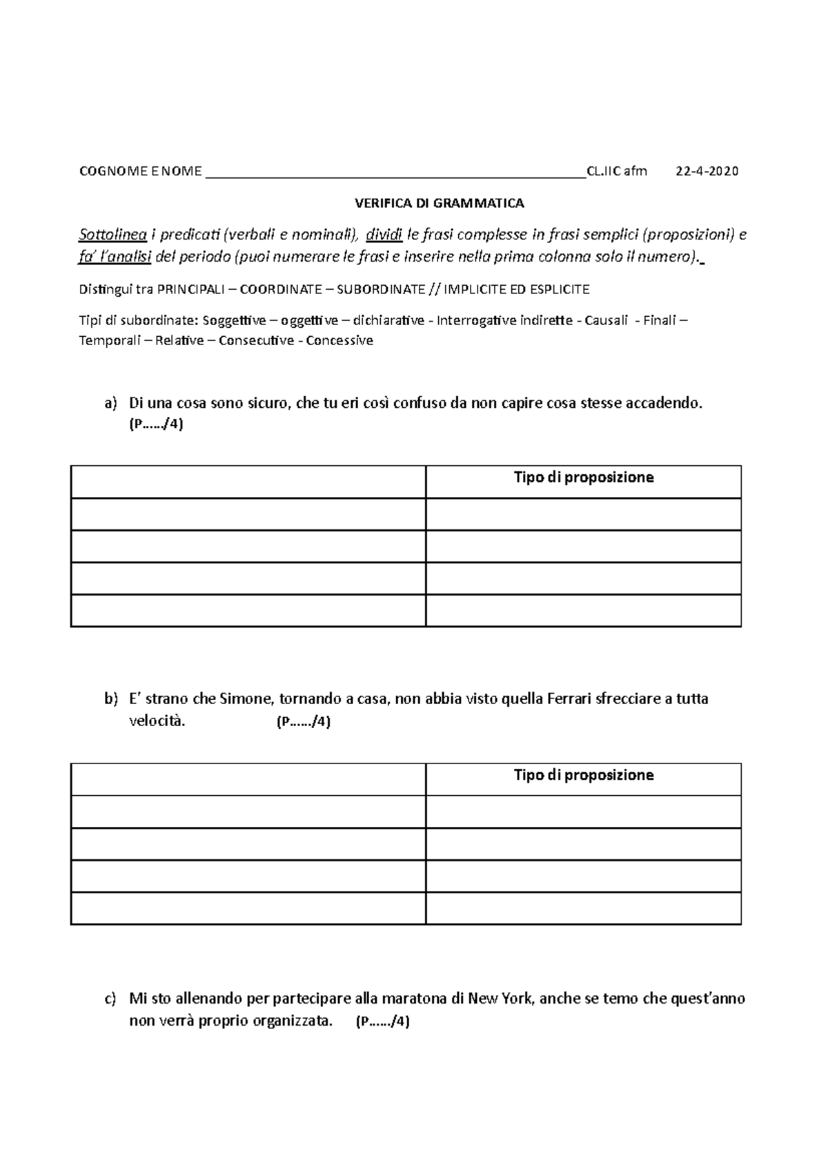 - Verifica di grammatica - COGNOME E NOME __________________________________________________CL ...