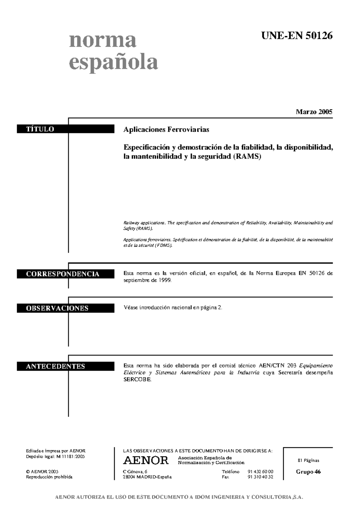 Une-en 50126-12005 - UNE-EN 50126 norma española Marzo 2005 TÍTULO ...