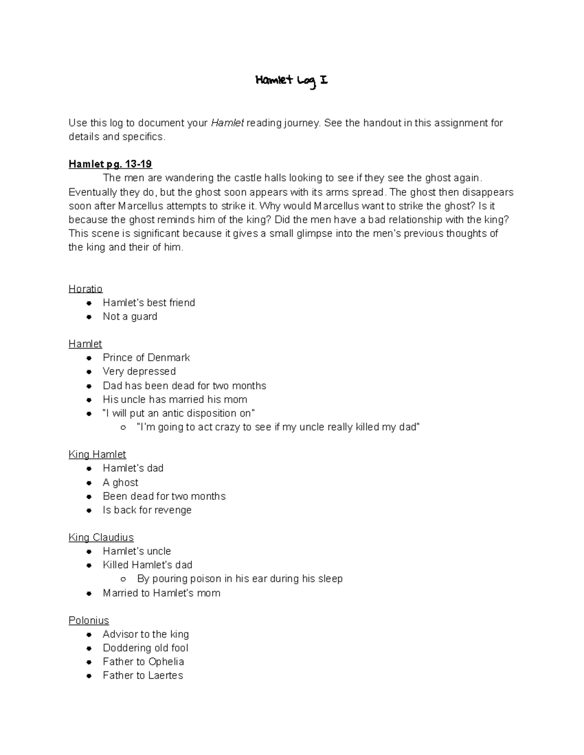 Olivia Thomas - Hamlet Log I - Hamlet Log I Use this log to document ...