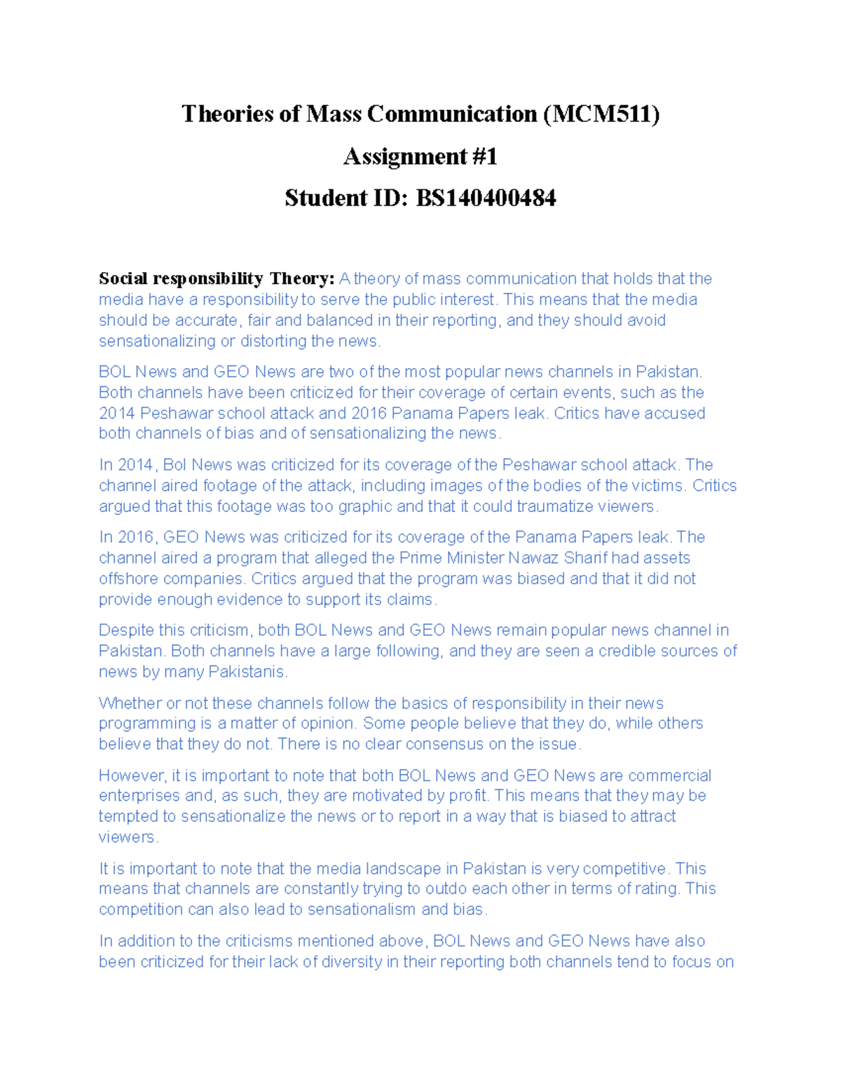 MCM511 Assignment # 1 - Theories of Mass Communication (MCM511 ...