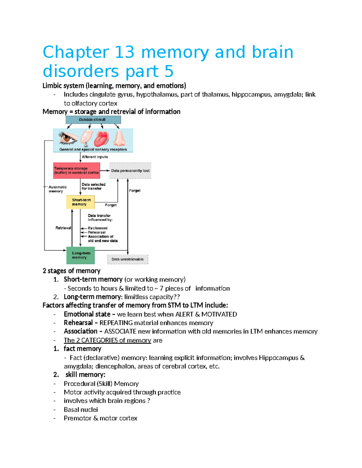 Chapter 13 part 5 - notes - Chapter 13 memory and brain disorders part ...