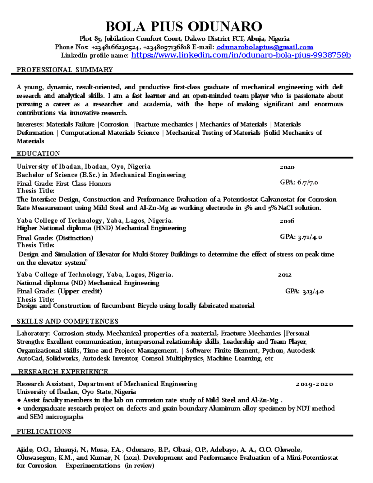 Curriculum Vitae BOLA PIUS Odunaro - BOLA PIUS ODUNARO Plot 85 ...