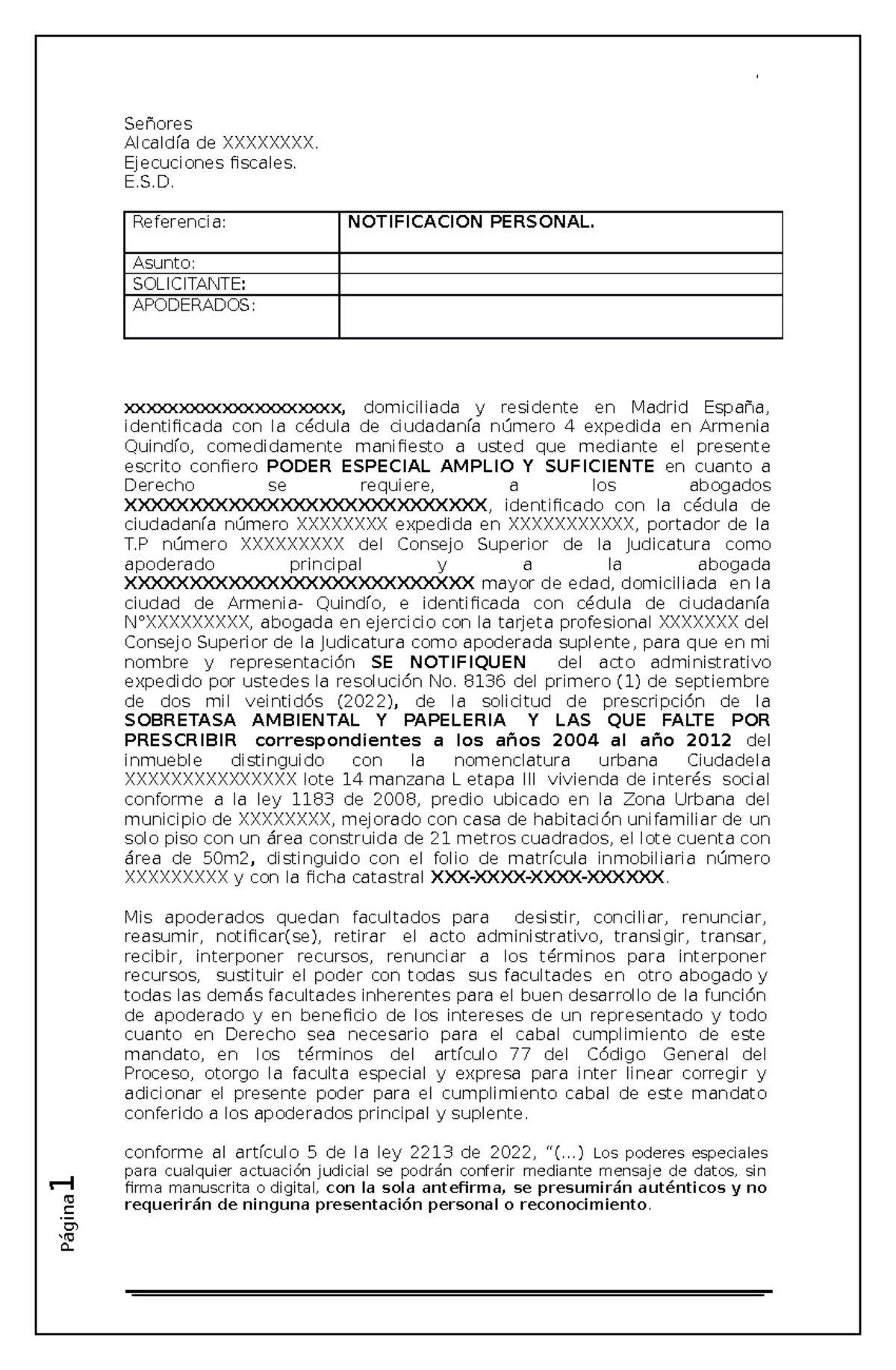 Poder notificacion - Señores Alcaldía de XXXXXXXX. Ejecuciones fiscales ...