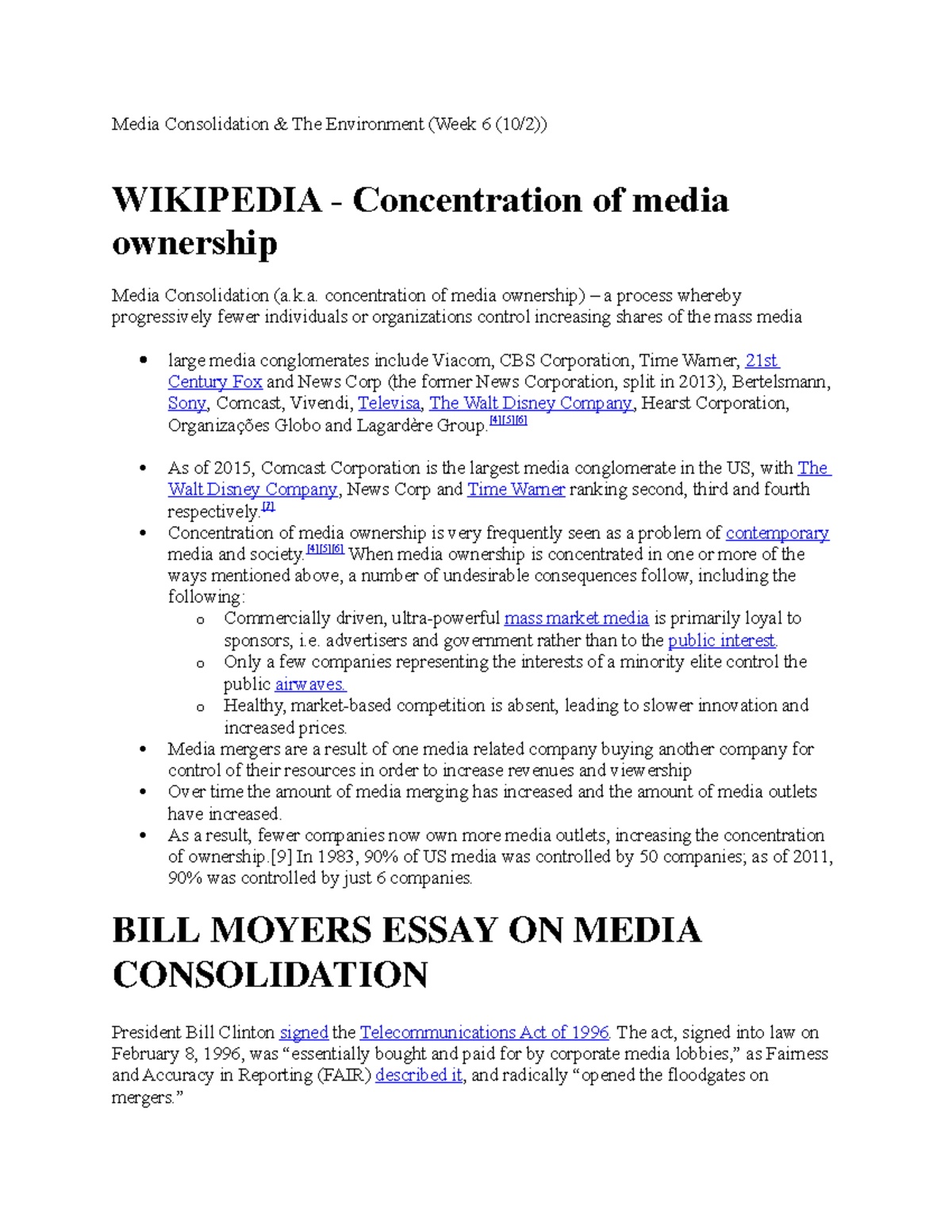 COM 150 - Media Consolidation - Media Consolidation & The Environment ...
