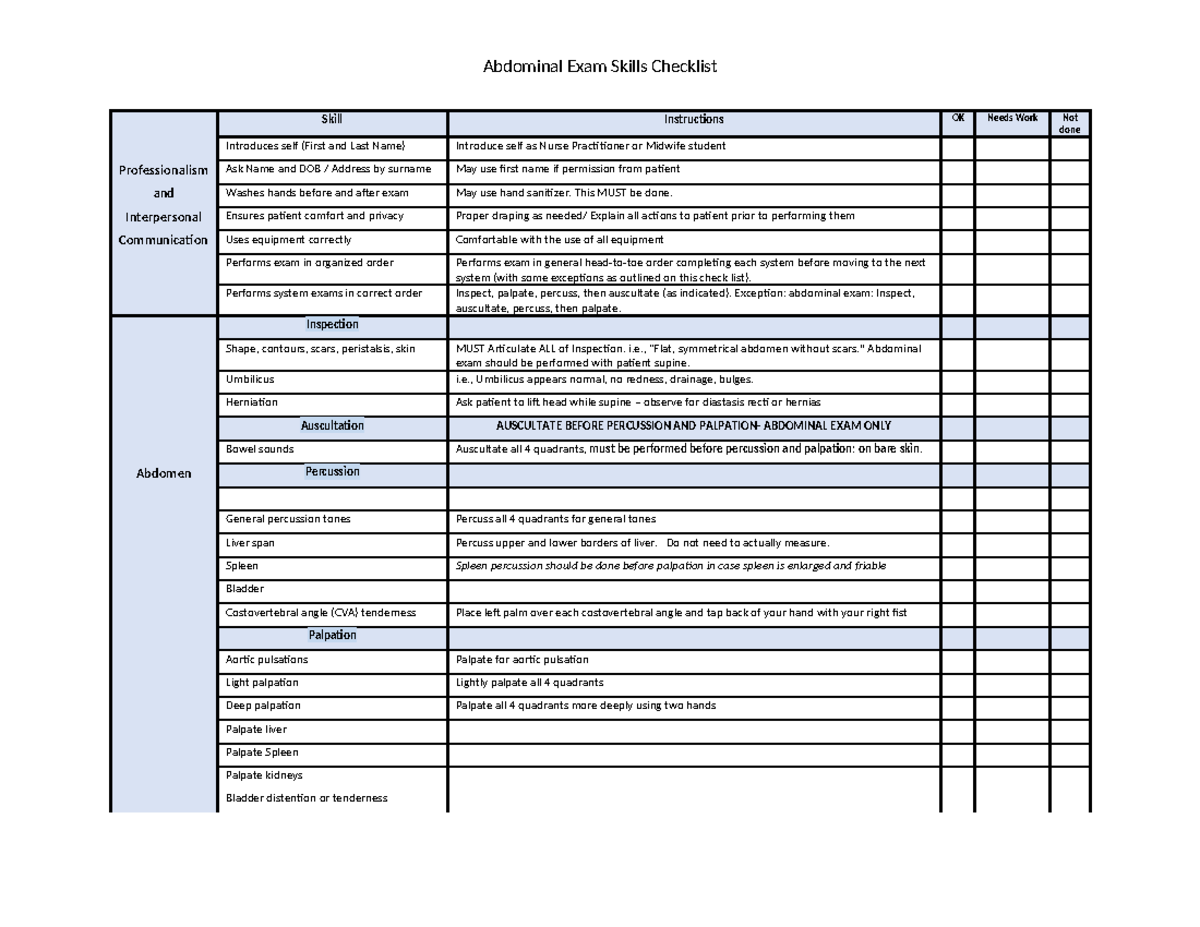 Abdominal Exam Skills Checklist - This MUST be done. Interpersonal ...