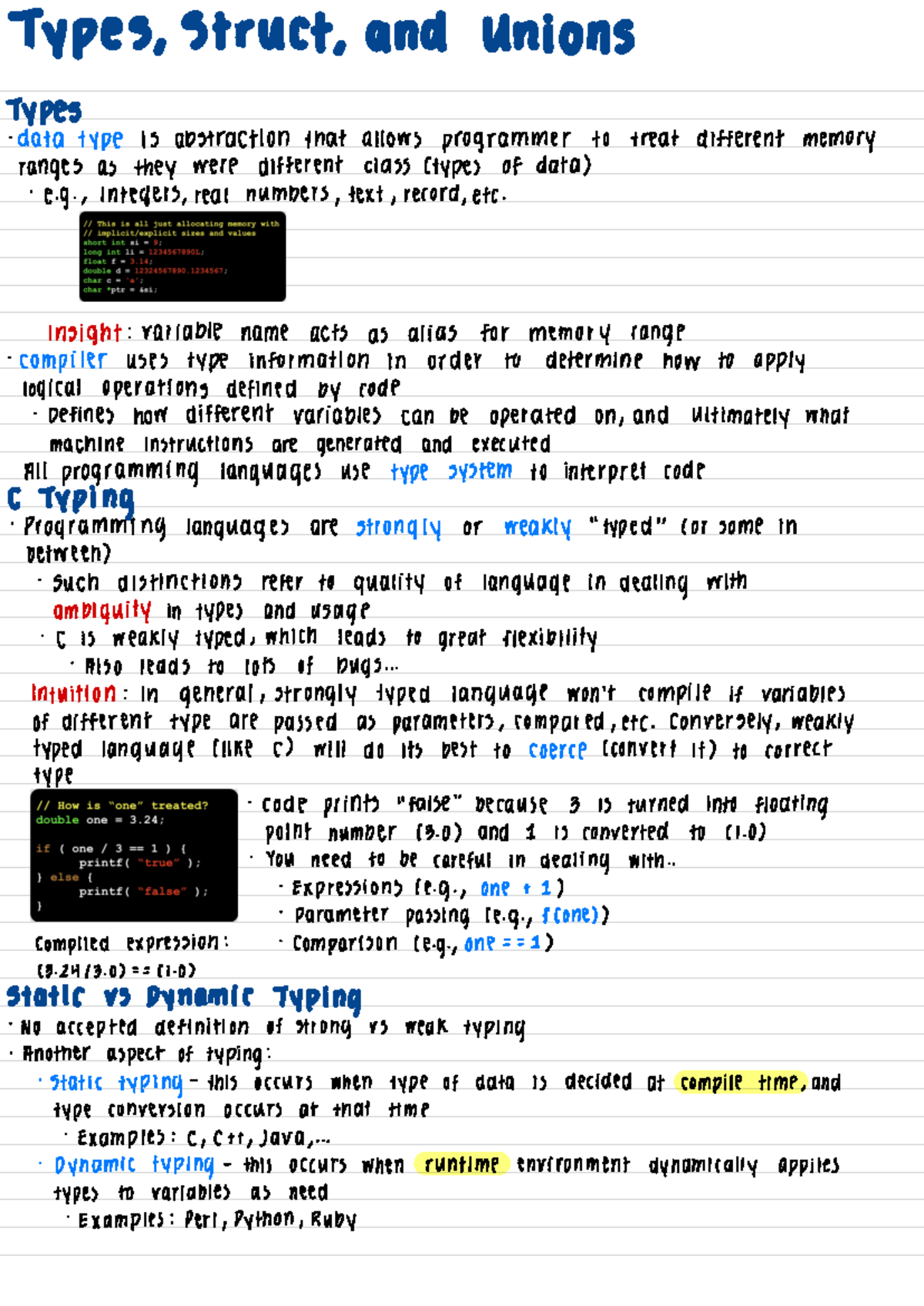 Types, Structs, Unions - Ty p e s , struct , and Unions Ty p e s data type is abstraction that ...