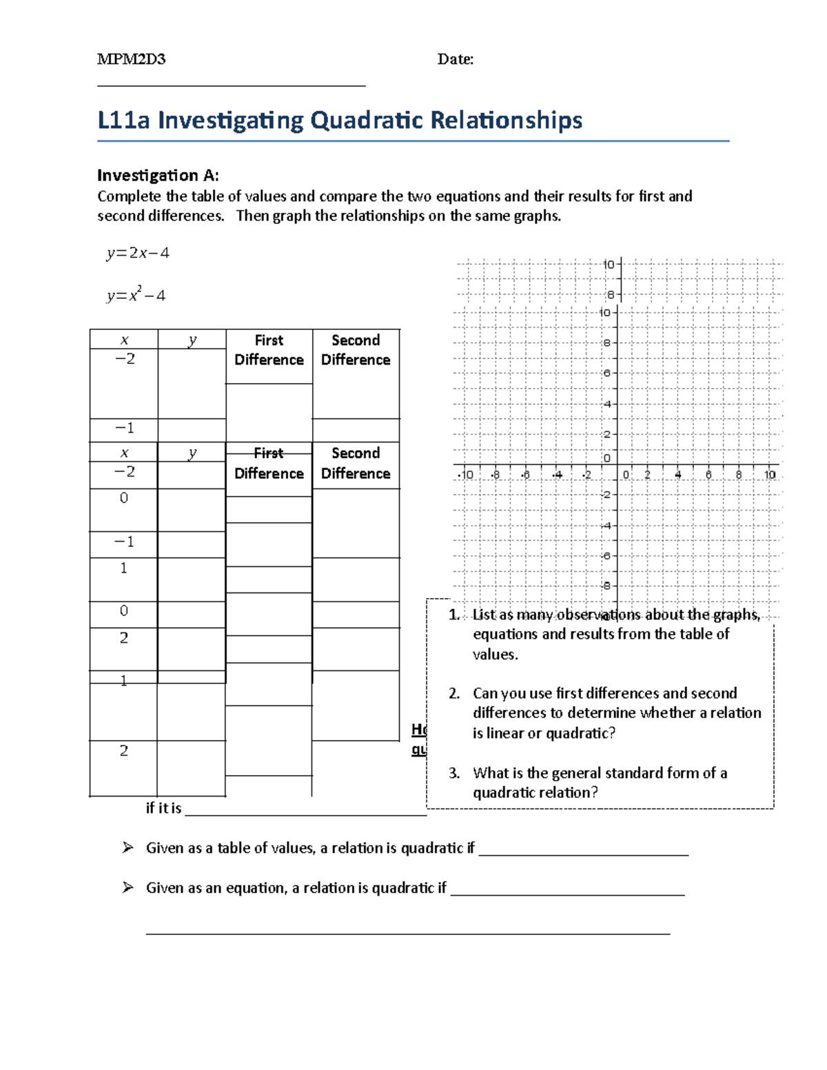 Quadratic Relations - Apuntes 3 - MPM2D3 Date: L11a Investigating ...