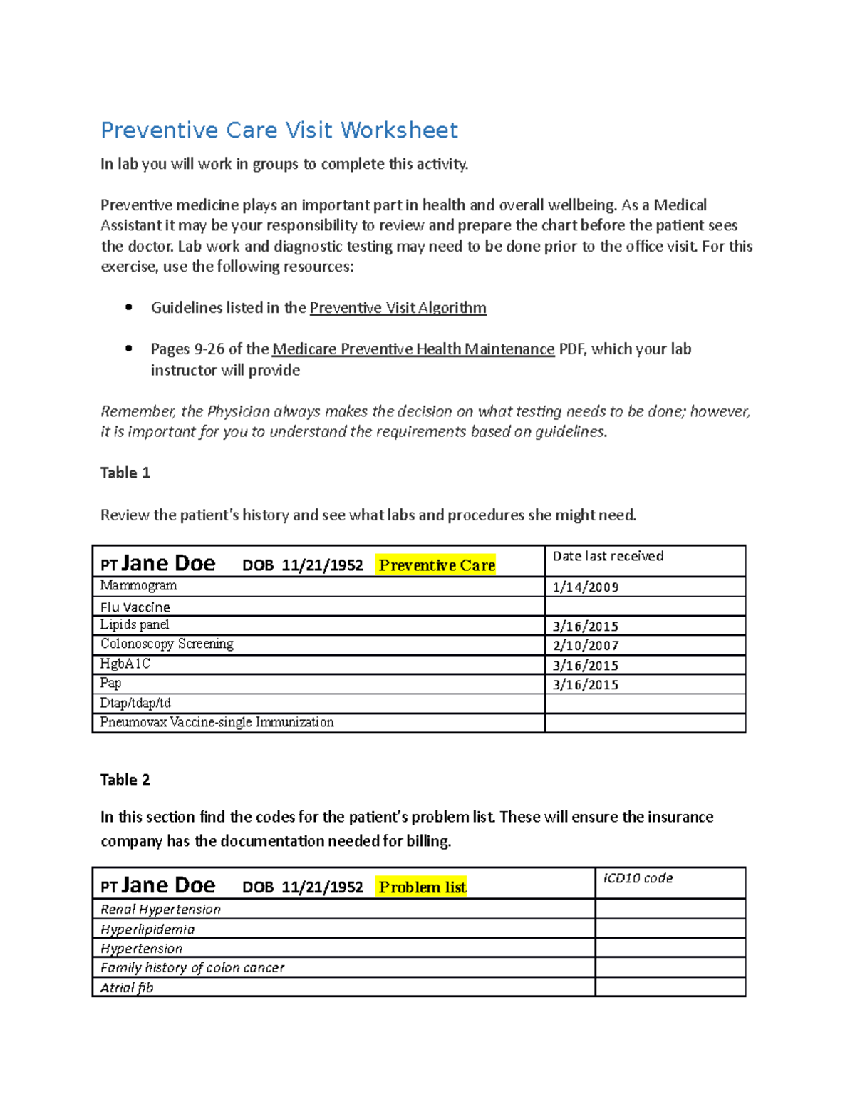 Preventive Care Visit Worksheet - Preventive medicine plays an ...