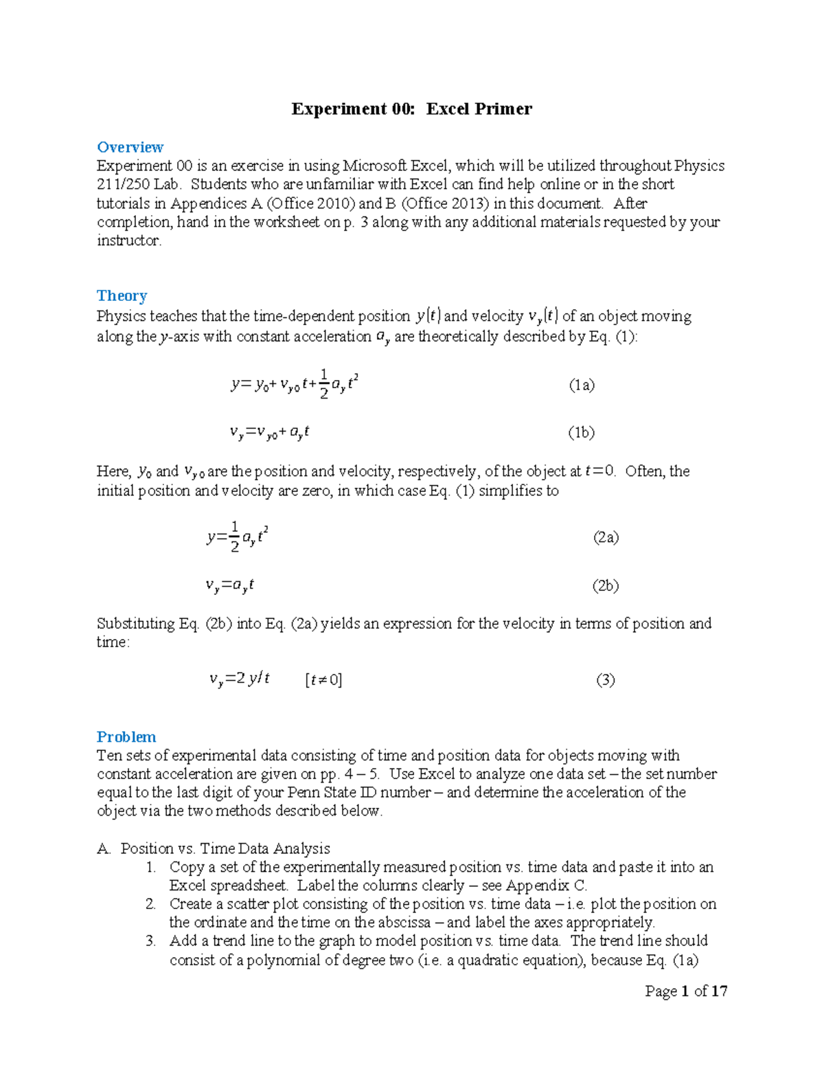 Exp 00 Excel Lab - Lab 1 - Experiment 00: Excel Primer Overview ...