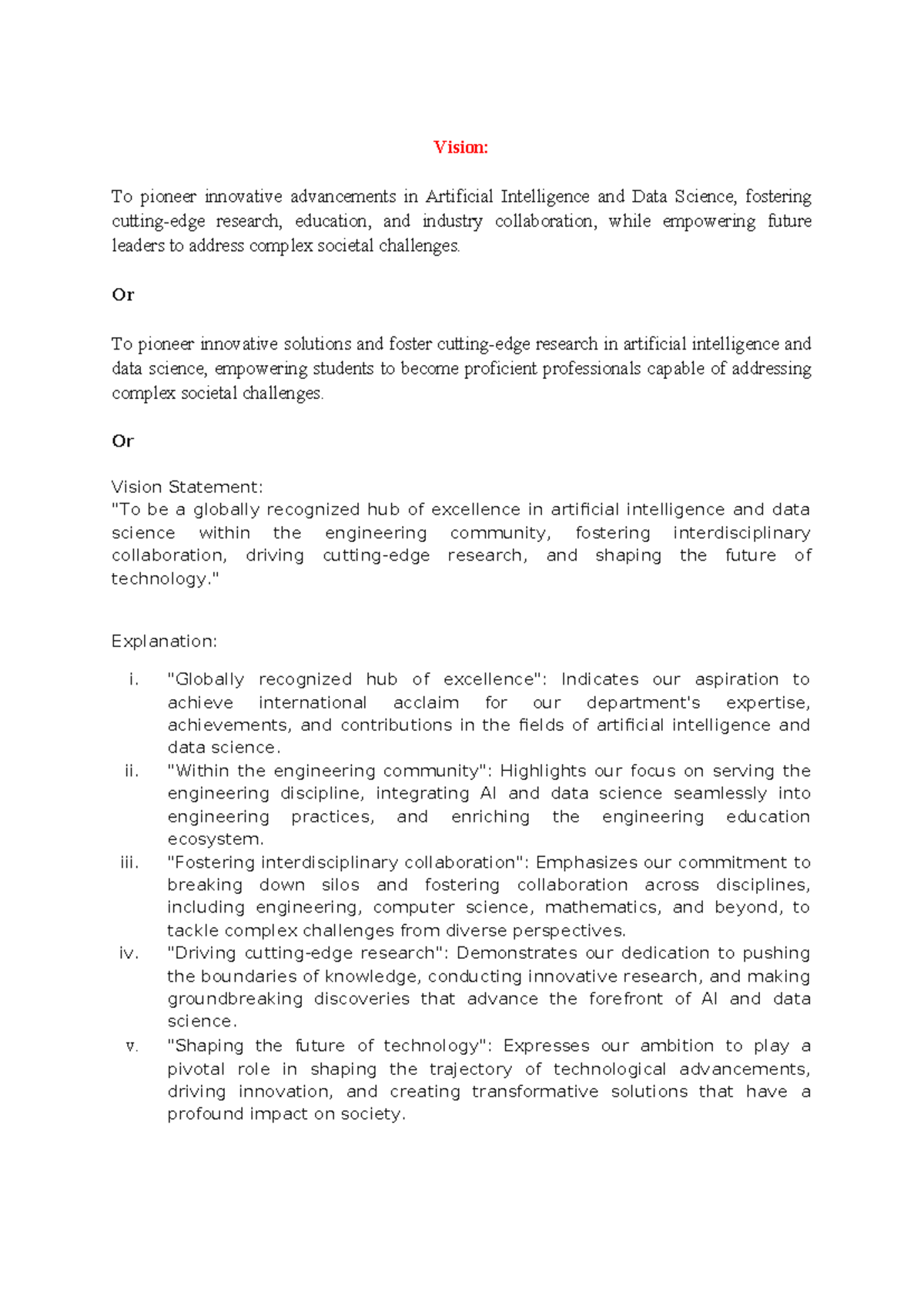 Vision and mission- for AI&DS Department - Vision: To pioneer ...