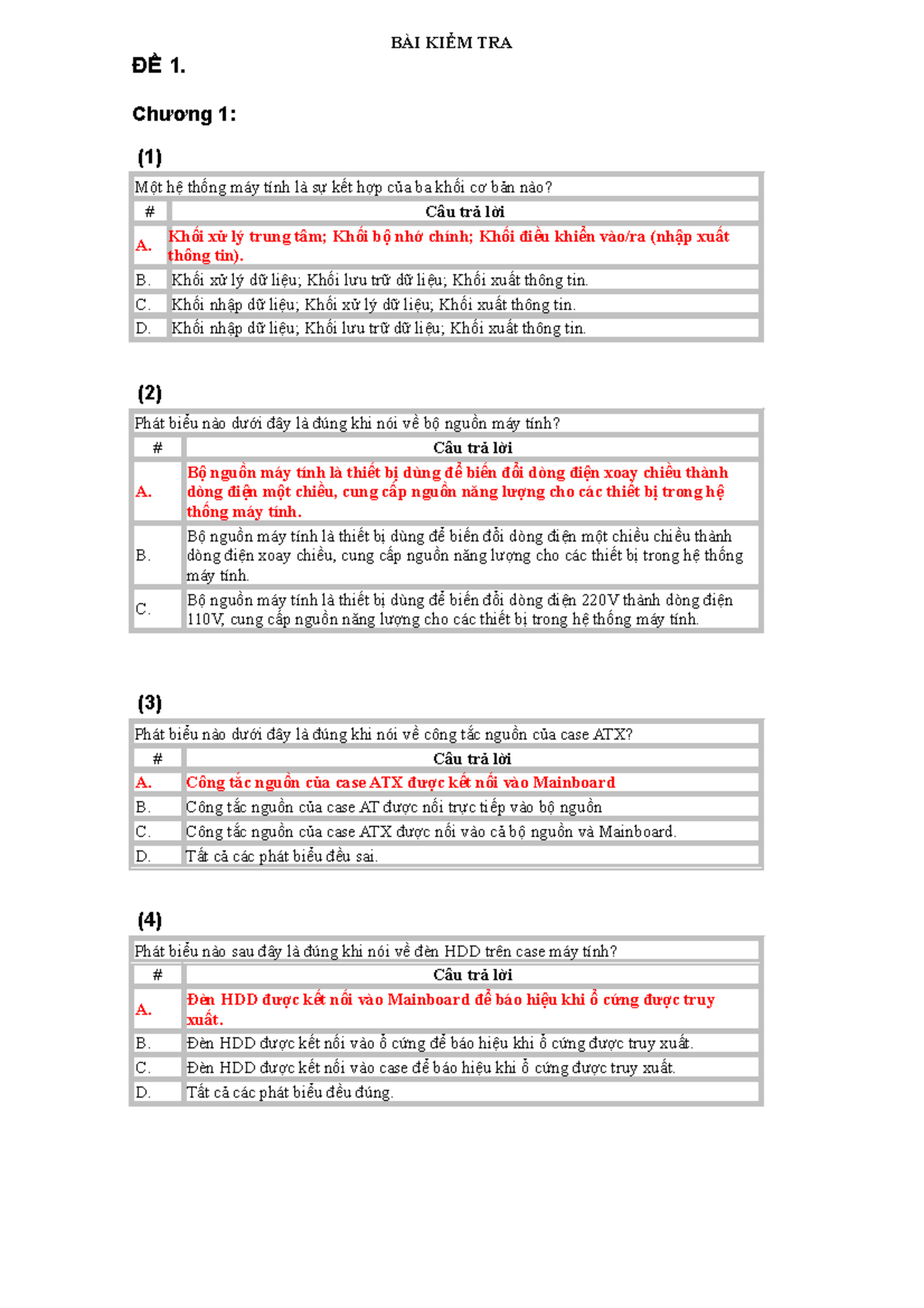 BTHT DE Cuong - Bảo trì hệ thống - BÀI KIỂM TRA ĐỀ 1. Chương 1: (1) Một ...