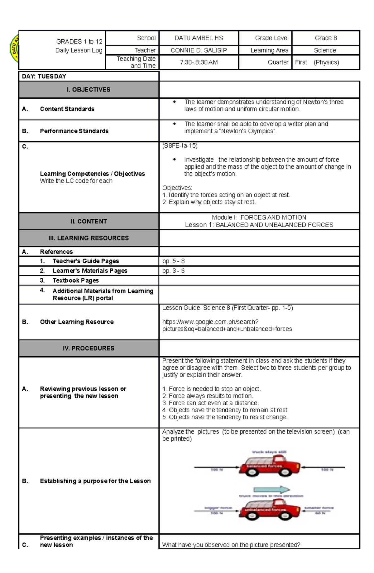 Dll Grade 8 First Grading - GRADES 1 to 12 School DATU AMBEL HS Grade ...
