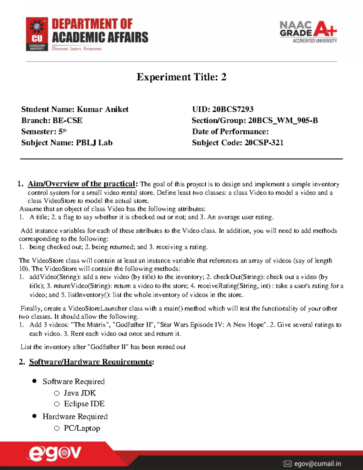 Aniket java exp-2 - .... - Experiment Title: 2 Student Name: Kumar Aniket UID: 20BCS Branch: BE ...