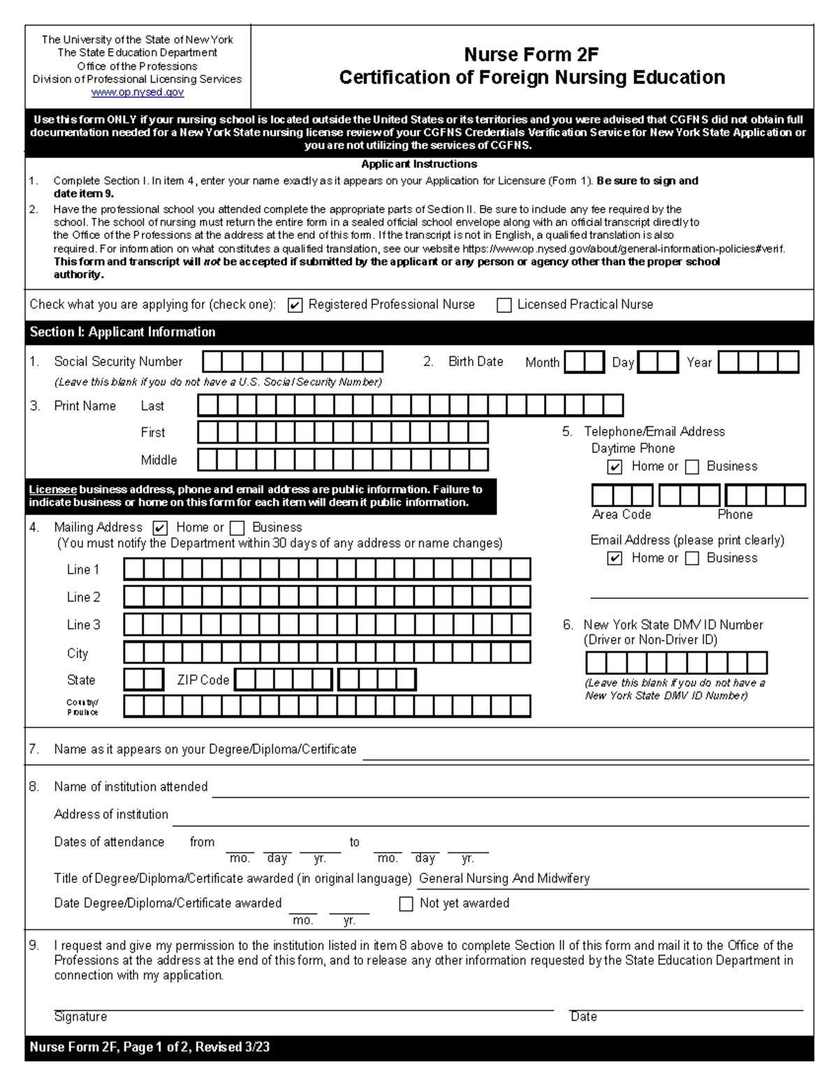 Nurse Form 2F - Certification of Foreign Nursing Education - The ...