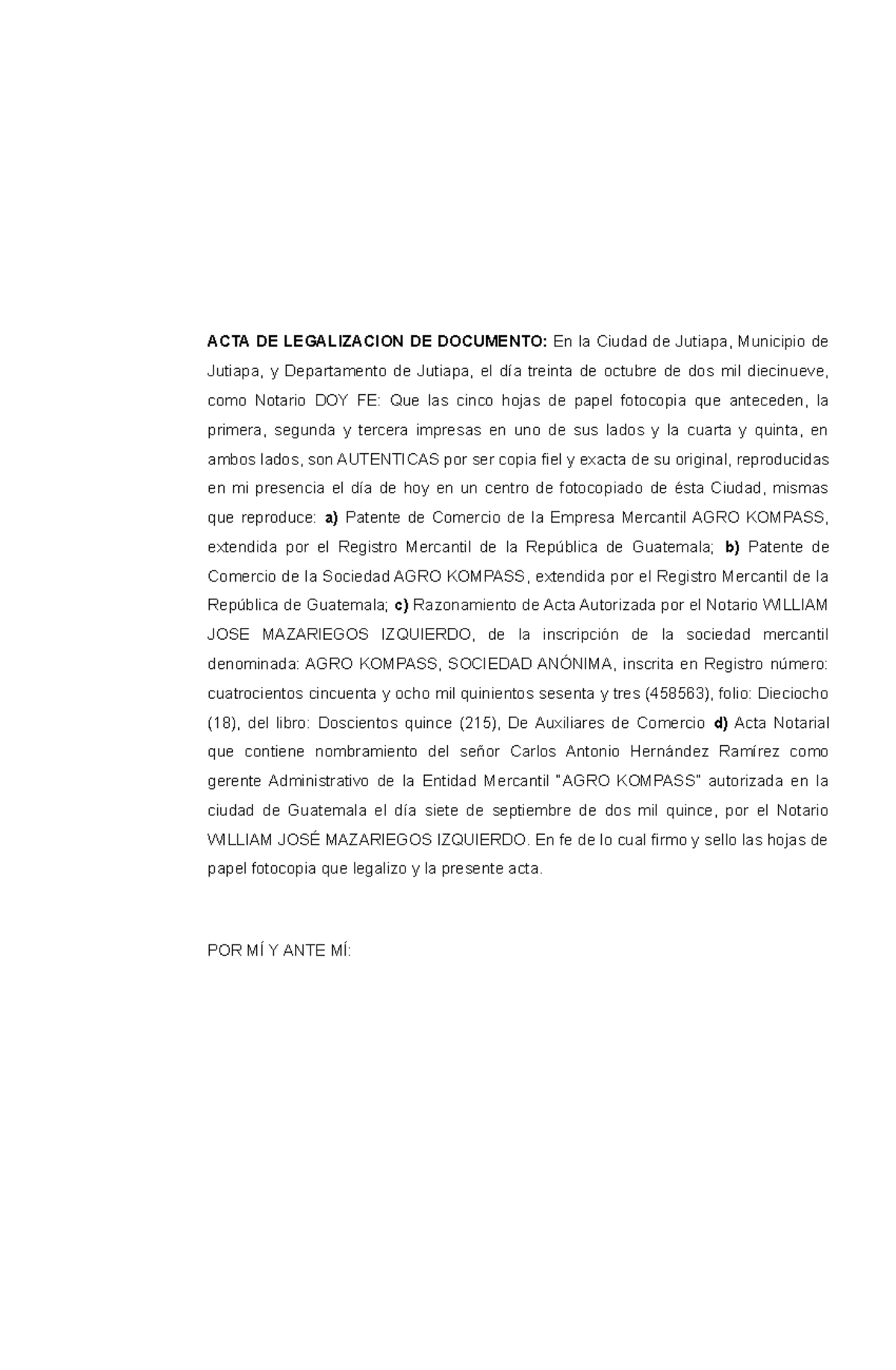ACTA DE Legalizacion DE Documento - ACTA DE LEGALIZACION DE DOCUMENTO: En la Ciudad de Jutiapa ...
