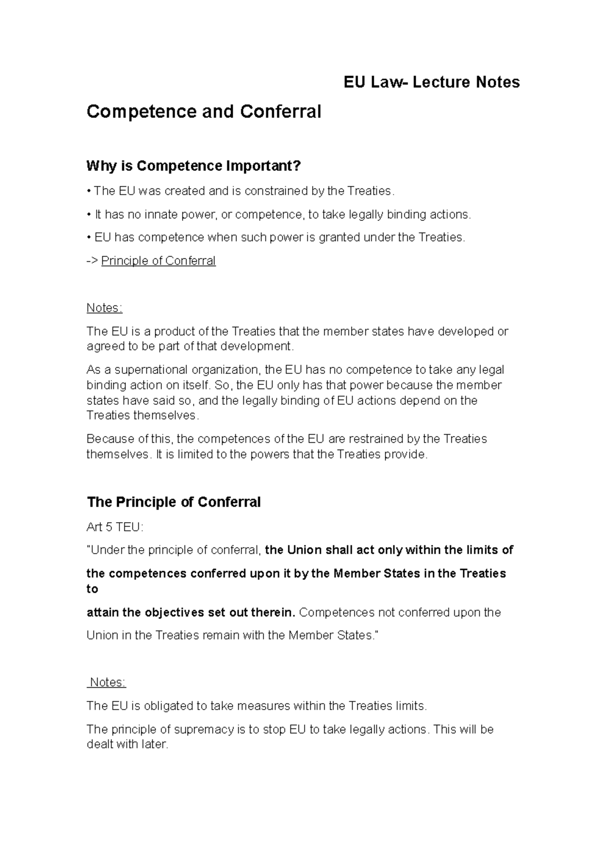 Competences and Conferral - EU Law- Lecture Notes Competence and ...