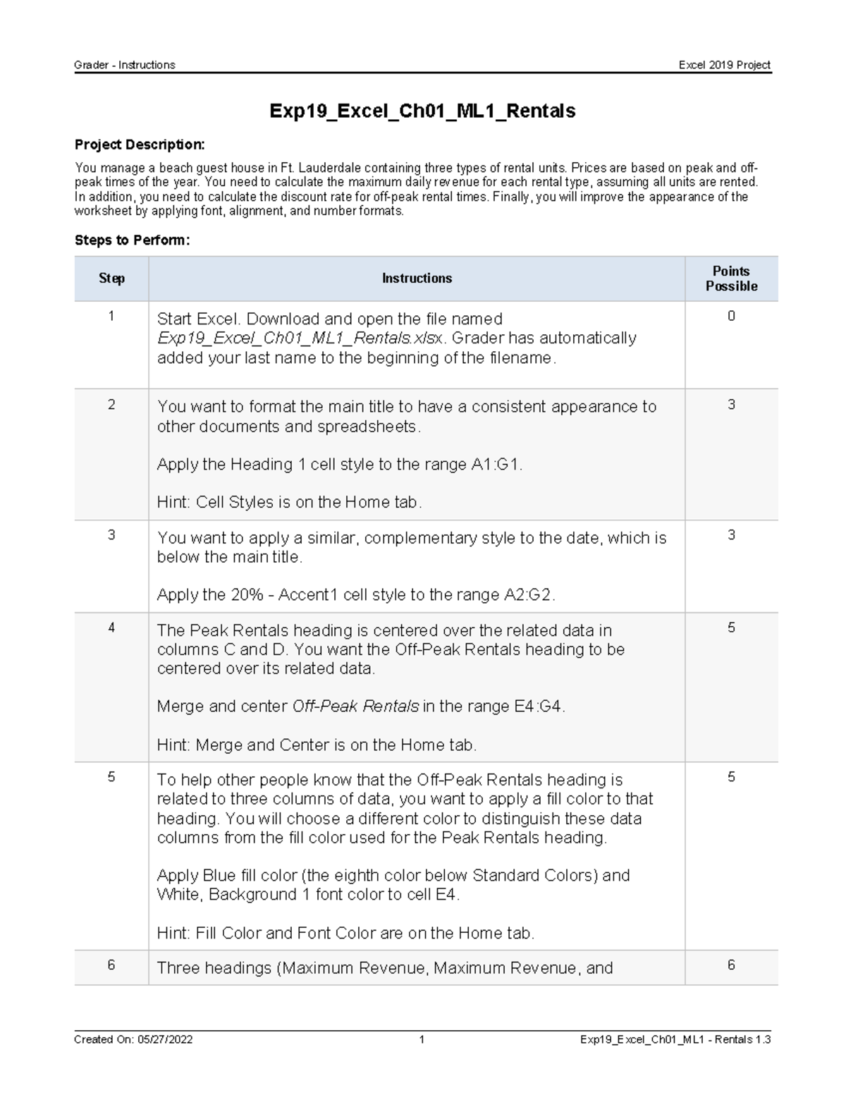 Exp19 Excel Ch01 ML1 Rentals Instructions - Exp19_Excel_Ch01_ML1_Rentals Project Description ...