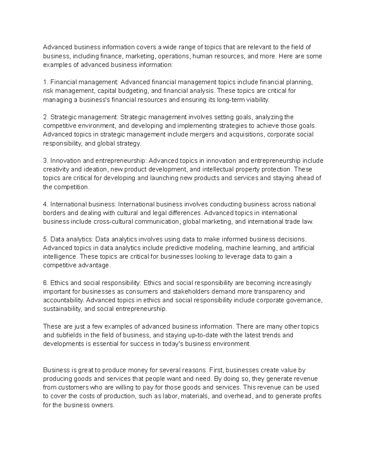 Business notes 2 - Advanced business information covers a wide range of ...